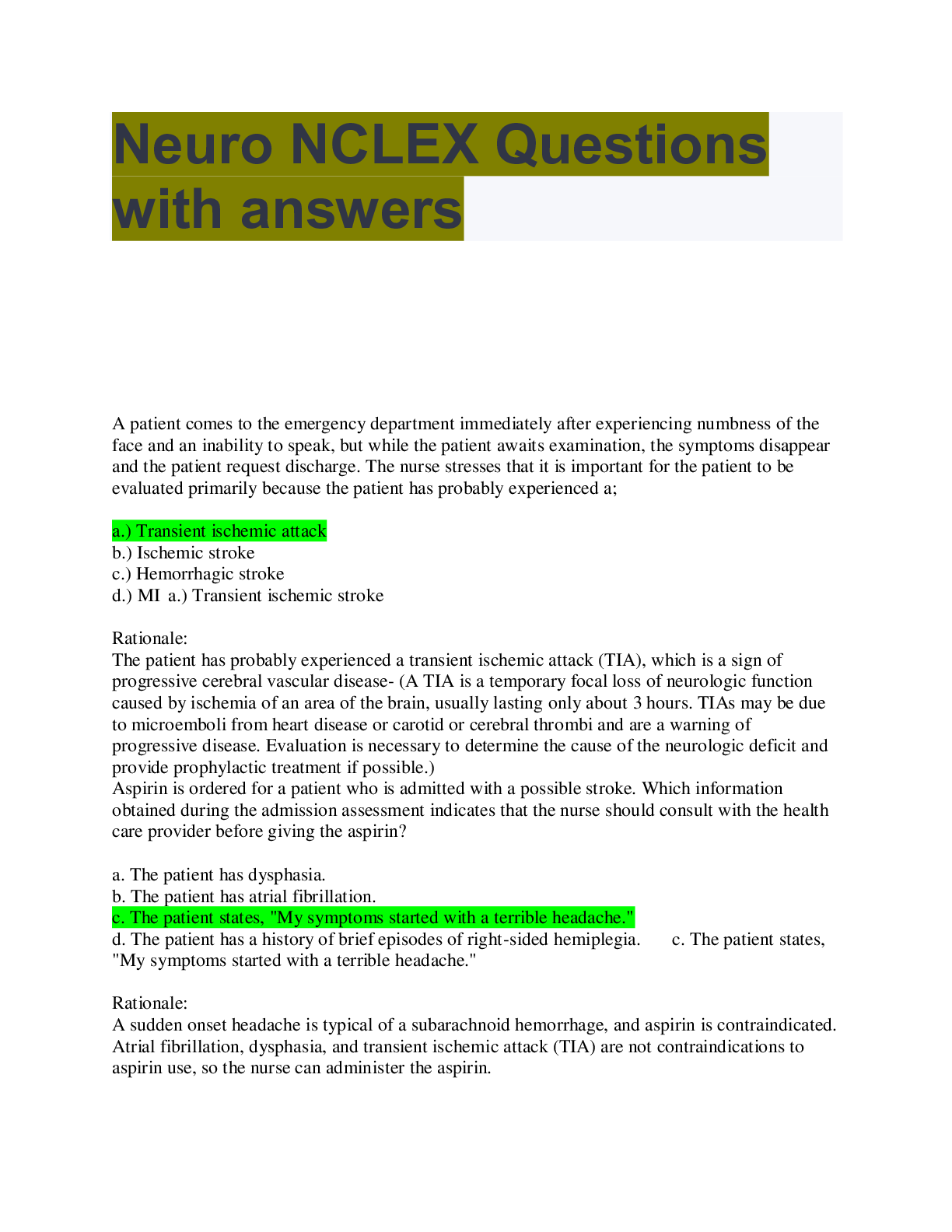 Neuro NCLEX Questions with answers(CURRENT REVISED EXAM QUESTIONS AND ...