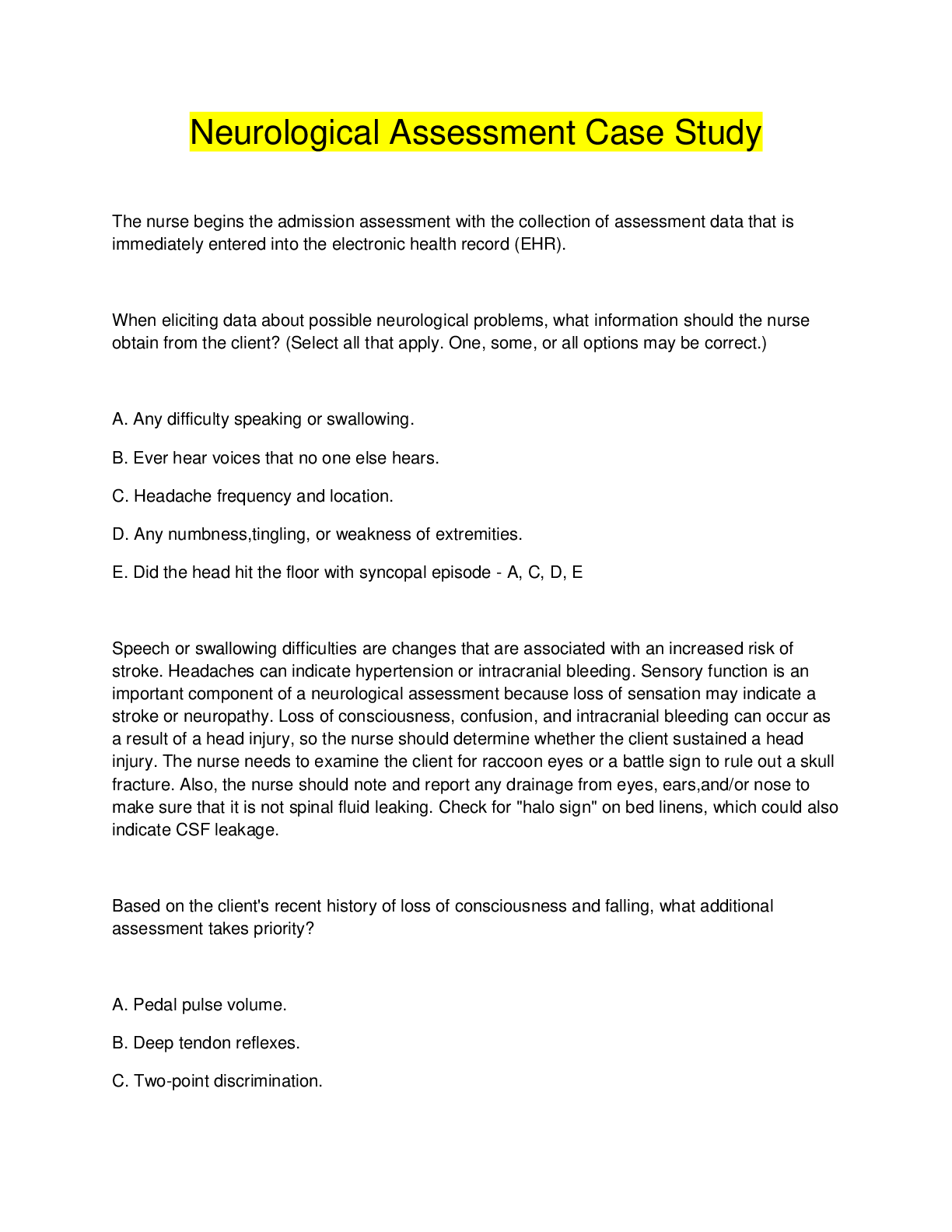 Neurological Assessment Case Study - Scholarfriends