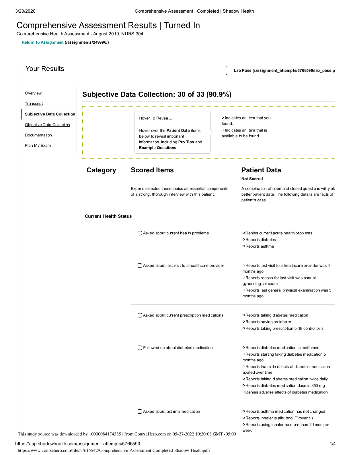 Neurological Comprehensive Assessment Completed Shadow Health New ...