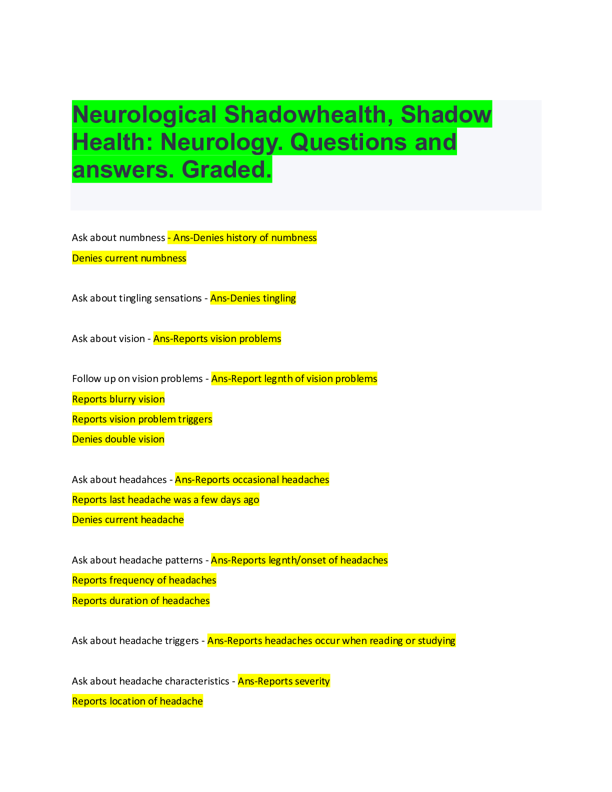 Neurological Shadow health, Shadow Health: Neurology. Questions and ...