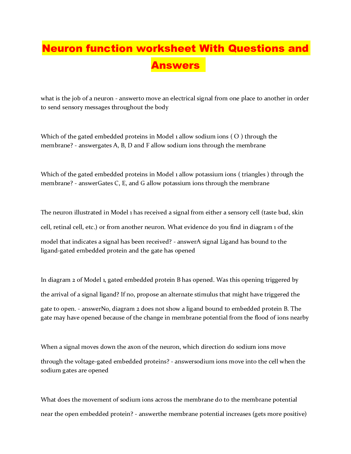 Neuron function worksheet With Questions and Answers - Scholarfriends