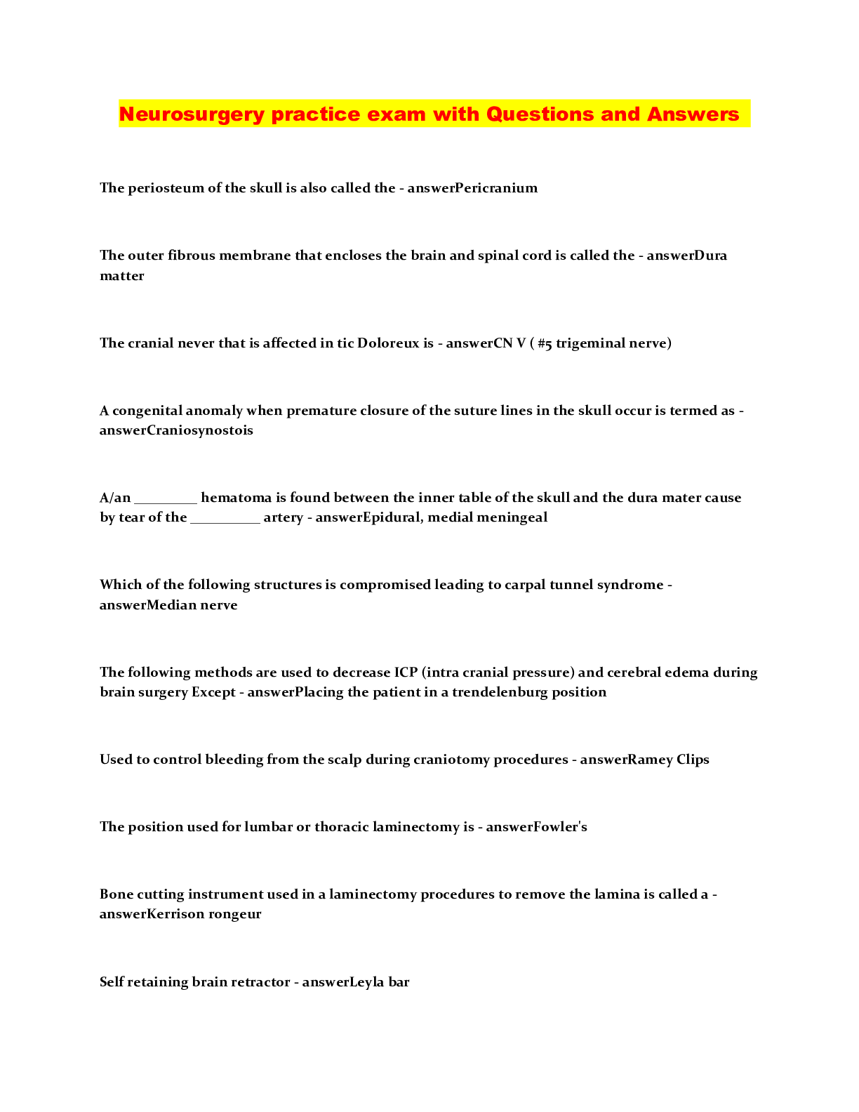 Neurosurgery practice exam with Questions and Answers - Scholarfriends