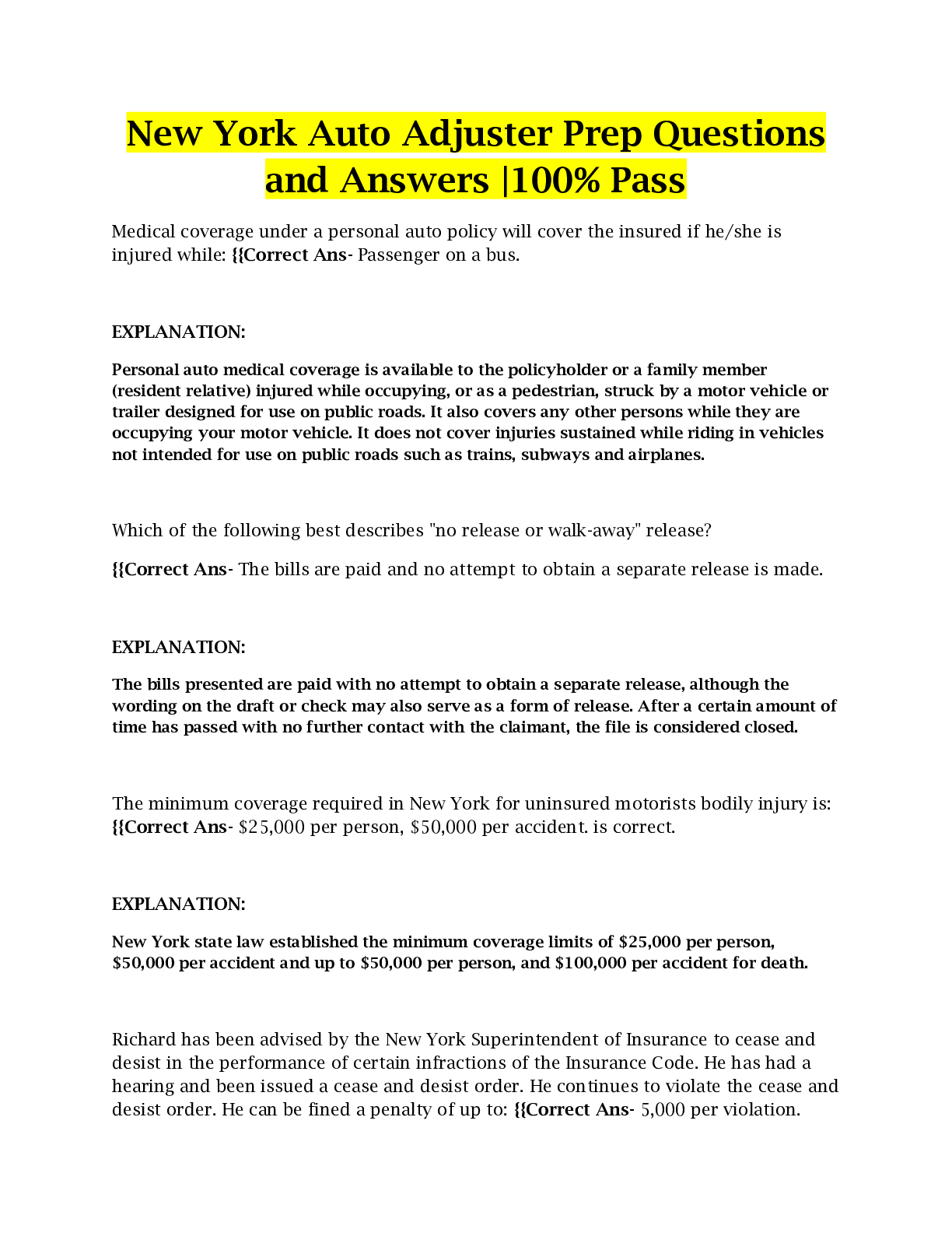 New York Auto Adjuster Prep Questions and Answers |100% Pass ...
