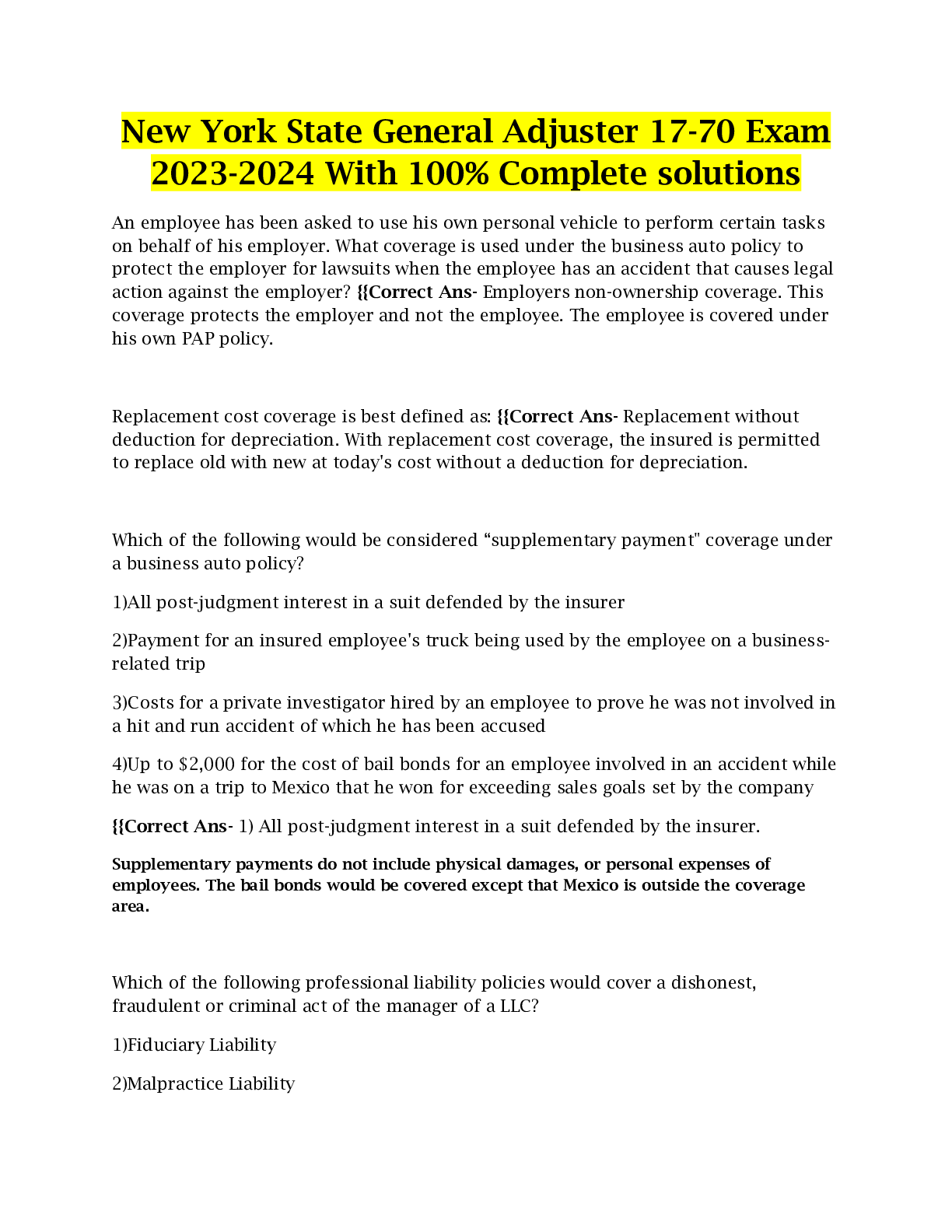 New York State General Adjuster 17-70 Exam 2023-2024 With 100% Complete ...