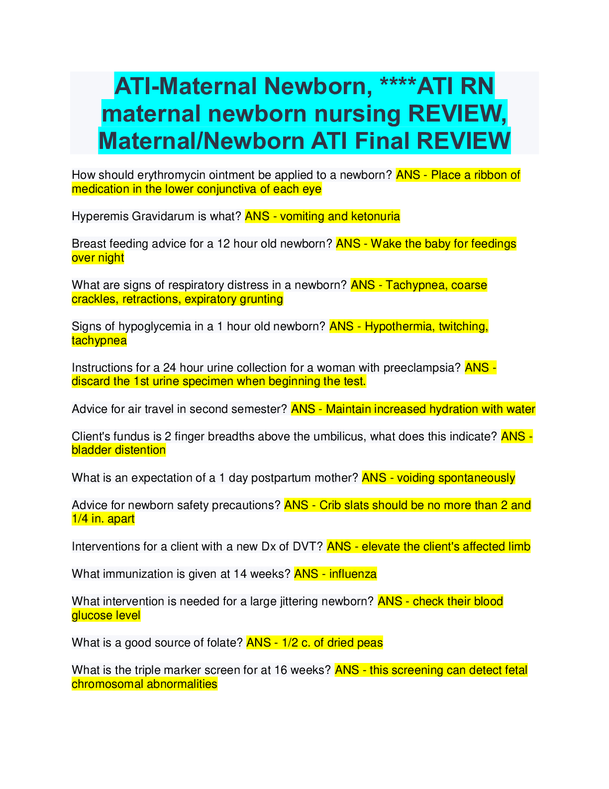 ATI RN maternal newborn nursing REVIEW, Maternal/Newborn ATI Final ...