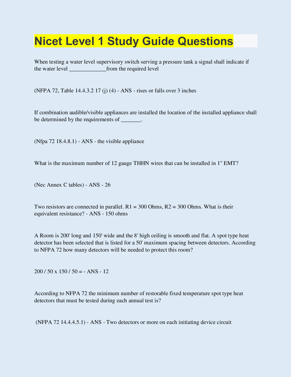 Nicet Level 1 Study Guide Questions | 150 Questions with 100% Correct ...