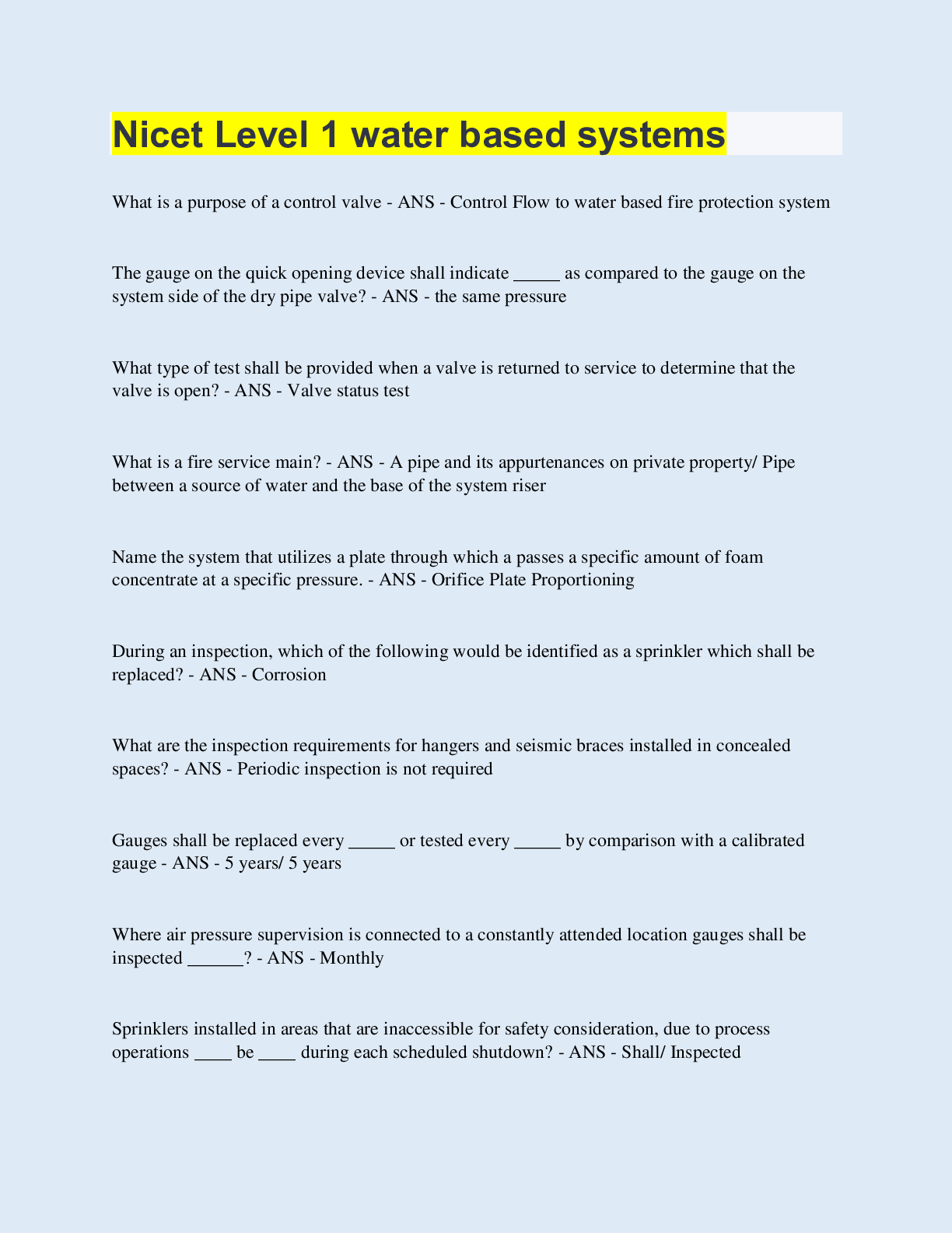 Nicet Level 1 water based systems | 50 Questions with 100% Correct ...