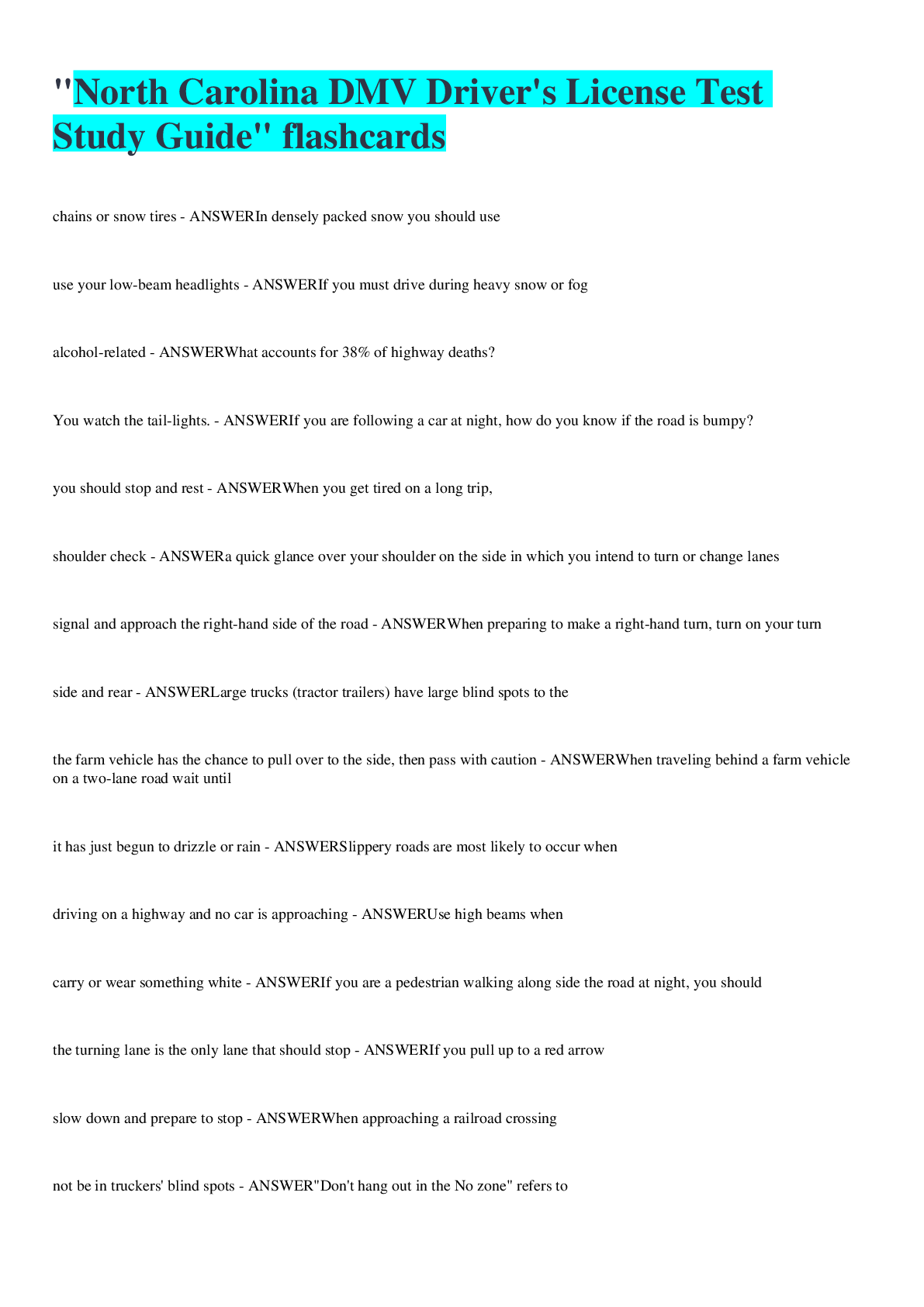 "North Carolina DMV Driver's License Test Study Guide" flashcards ...