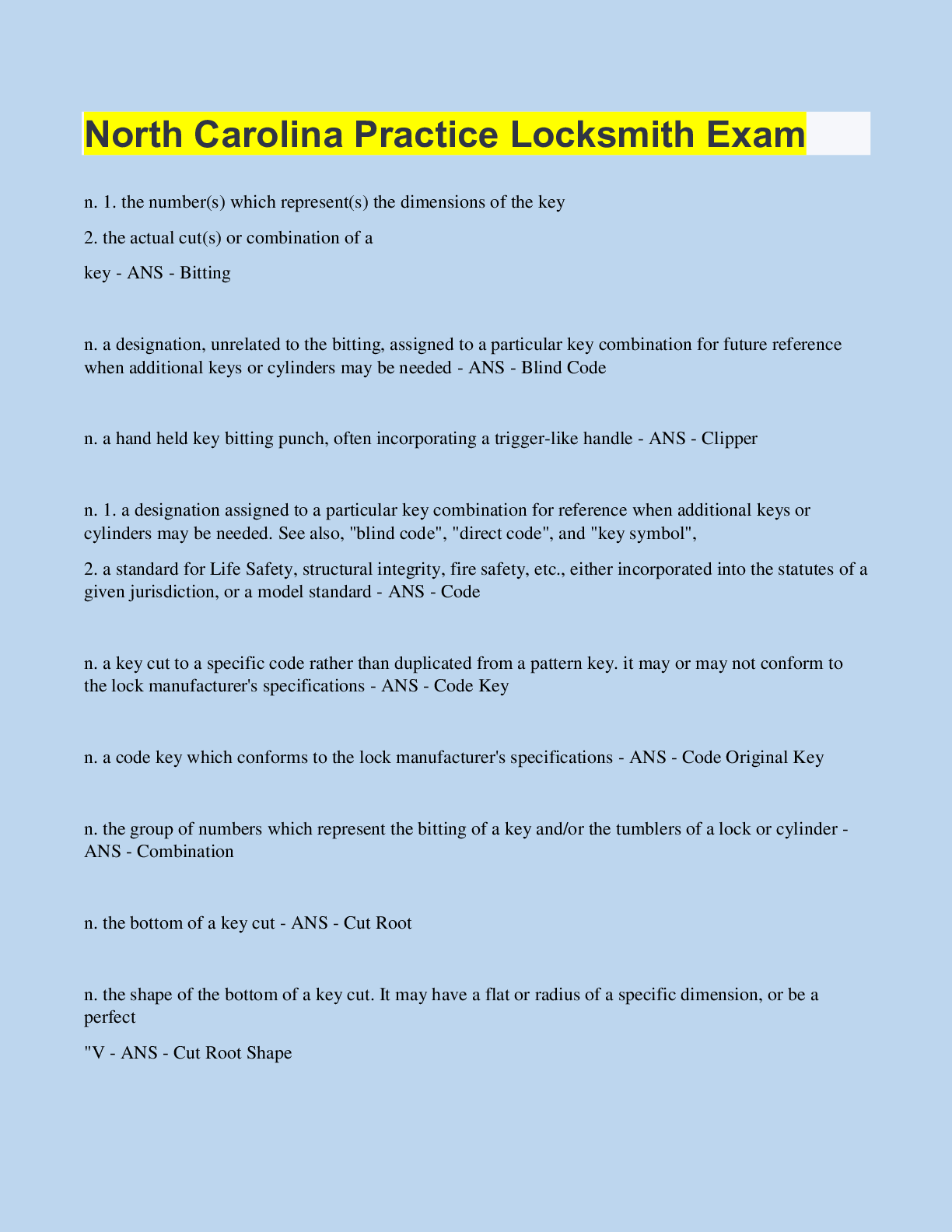 North Carolina Practice Locksmith Exam | 300 Questions with 100% ...