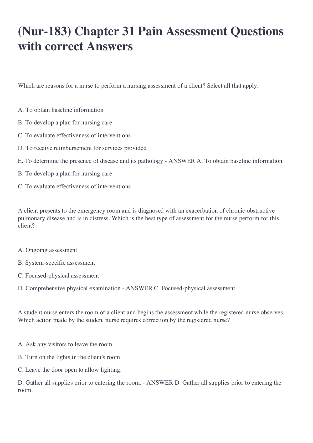 (Nur-183) Chapter 31 Pain Assessment Questions with correct Answers ...