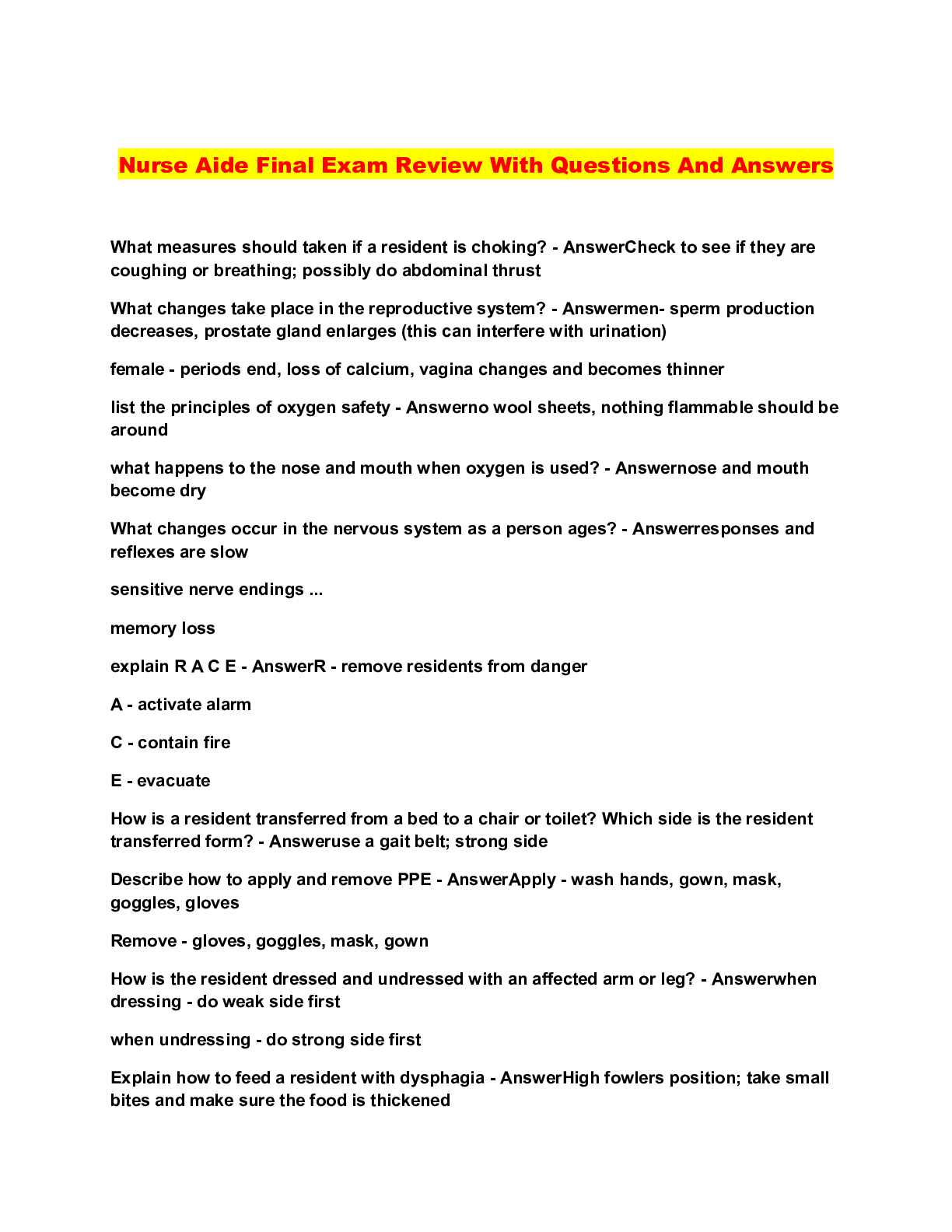Nurse Aide Final Exam Review With Questions And Answers - Scholarfriends