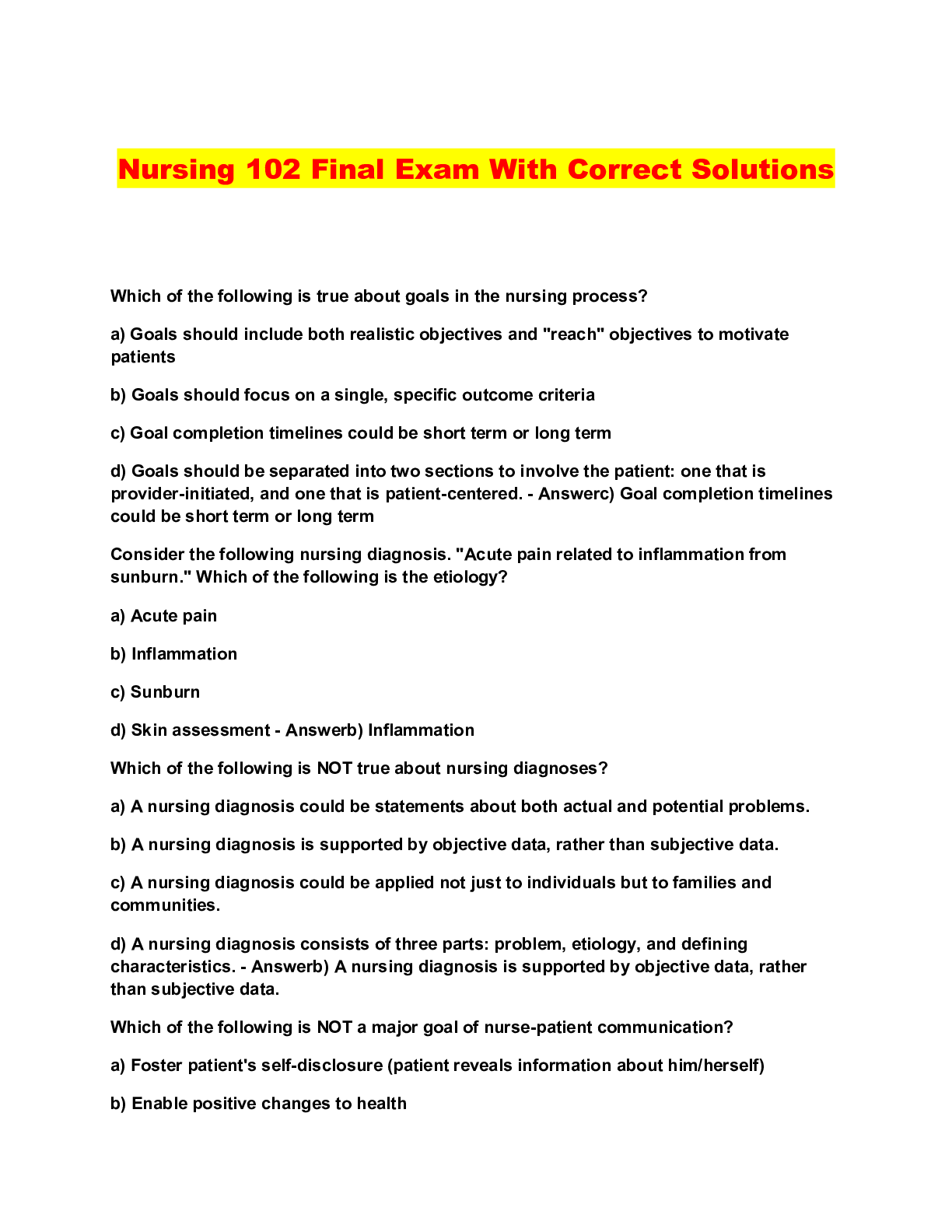 Nursing 102 Final Exam With Correct Solutions - Scholarfriends