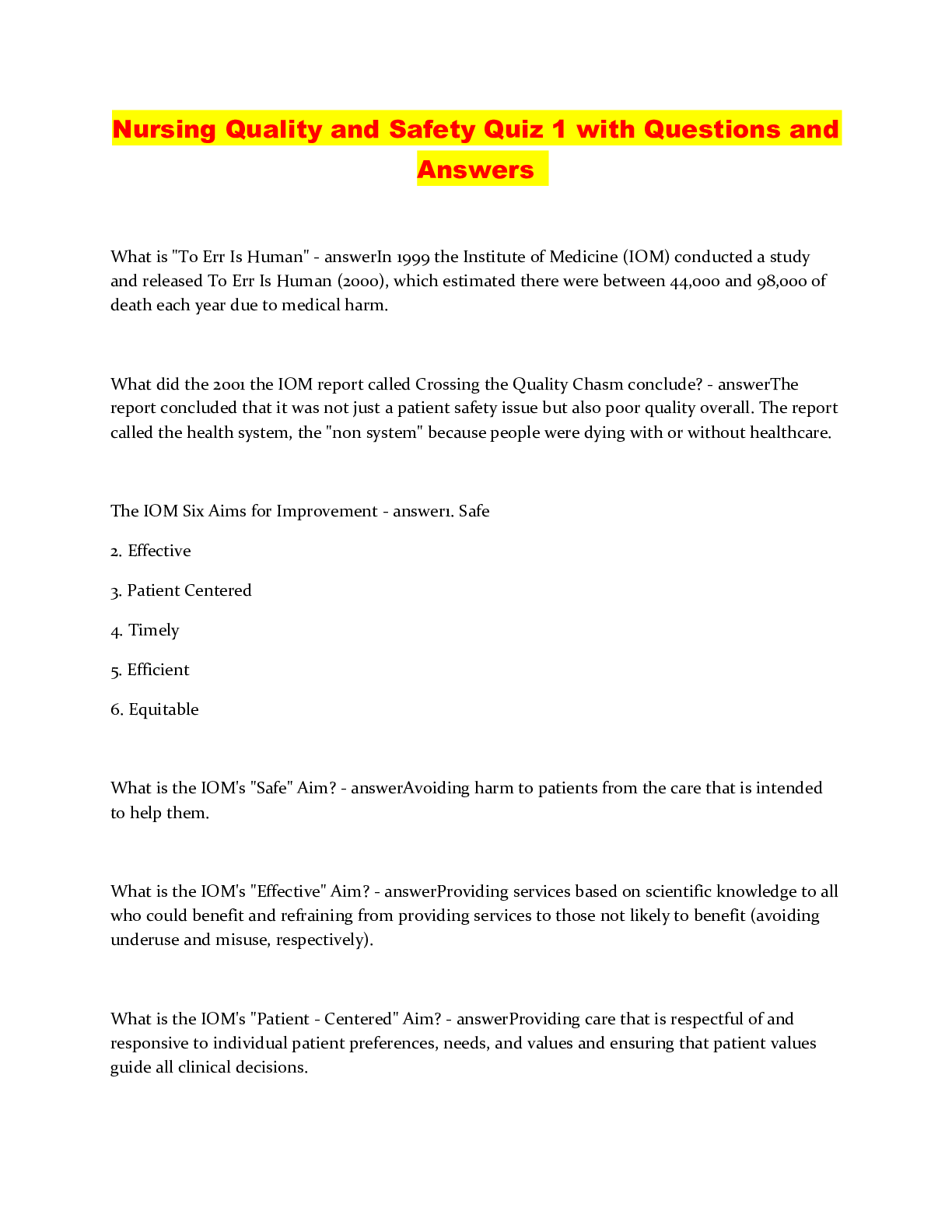 Nursing Quality and Safety Quiz 1 with Questions and Answers ...