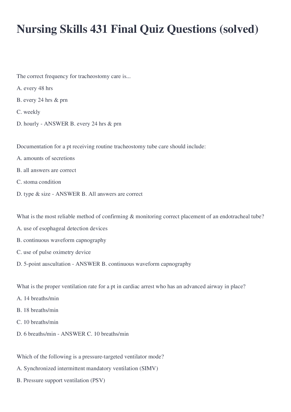Nursing Skills 431 Final Quiz Questions (solved) - Scholarfriends