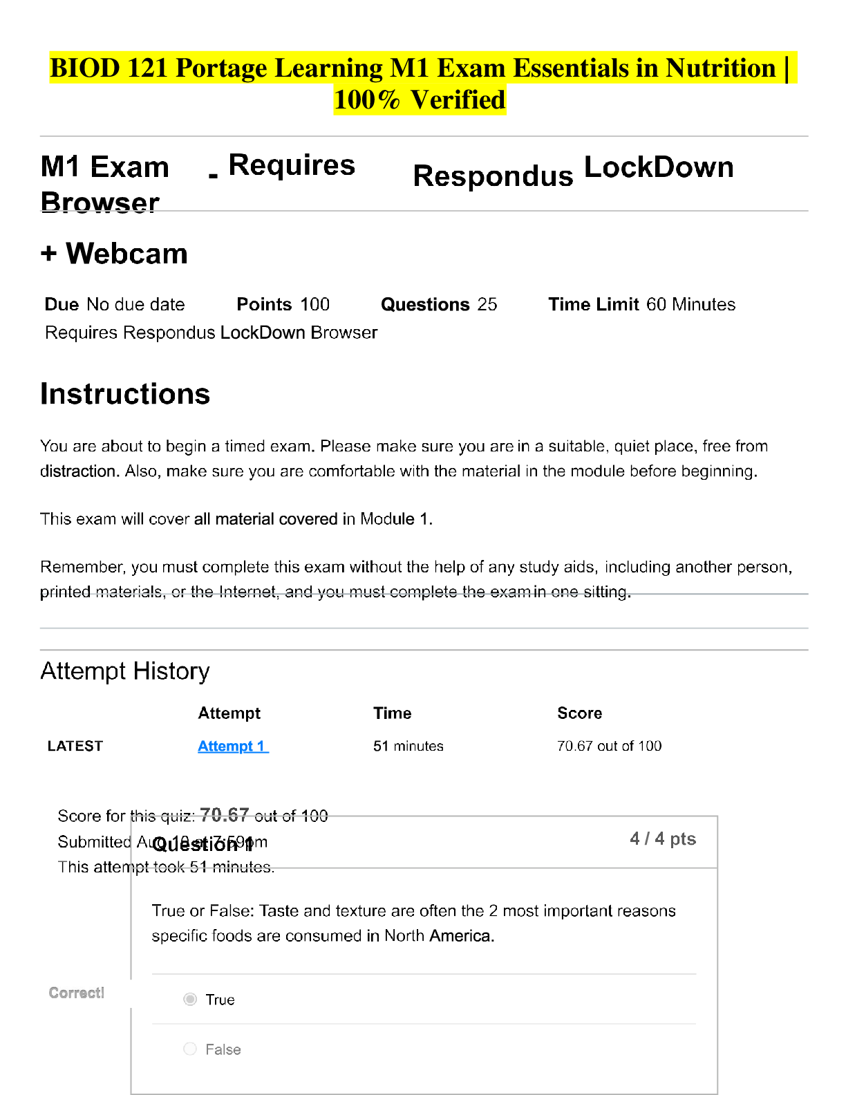 BIOD 121 Portage Learning M1 Exam Essentials in Nutrition | 100% Verified - Scholarfriends