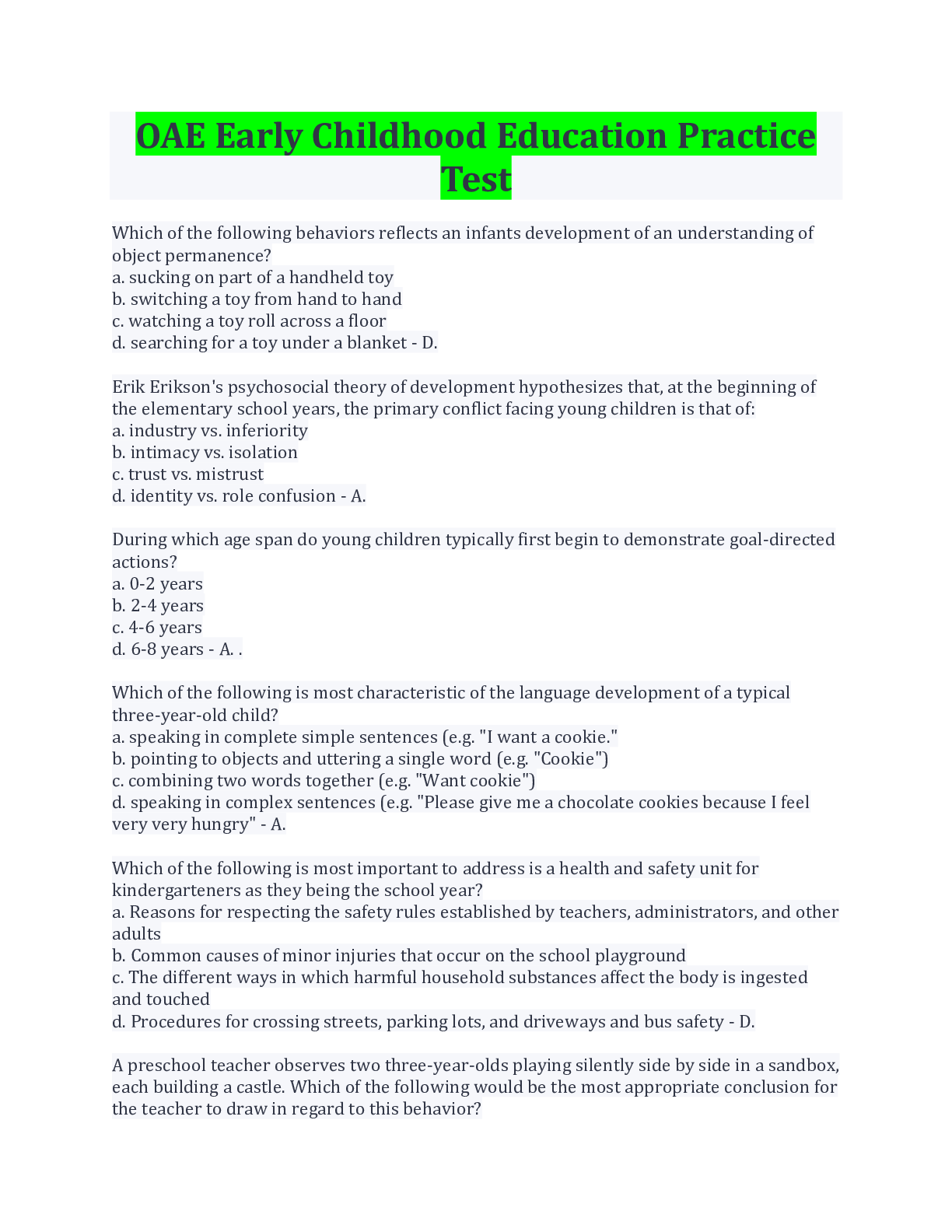 OAE Early Childhood Education Practice Test | 135 Questions | 100% ...