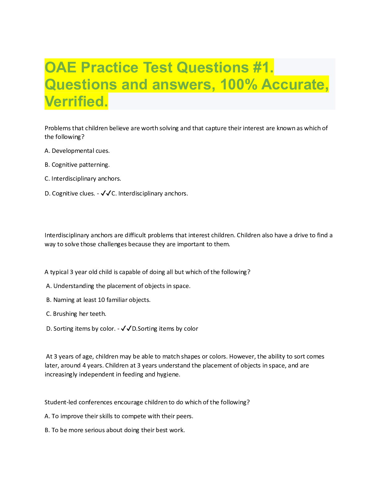OAE Practice Test Questions #1. Questions and answers, 100% Accurate ...