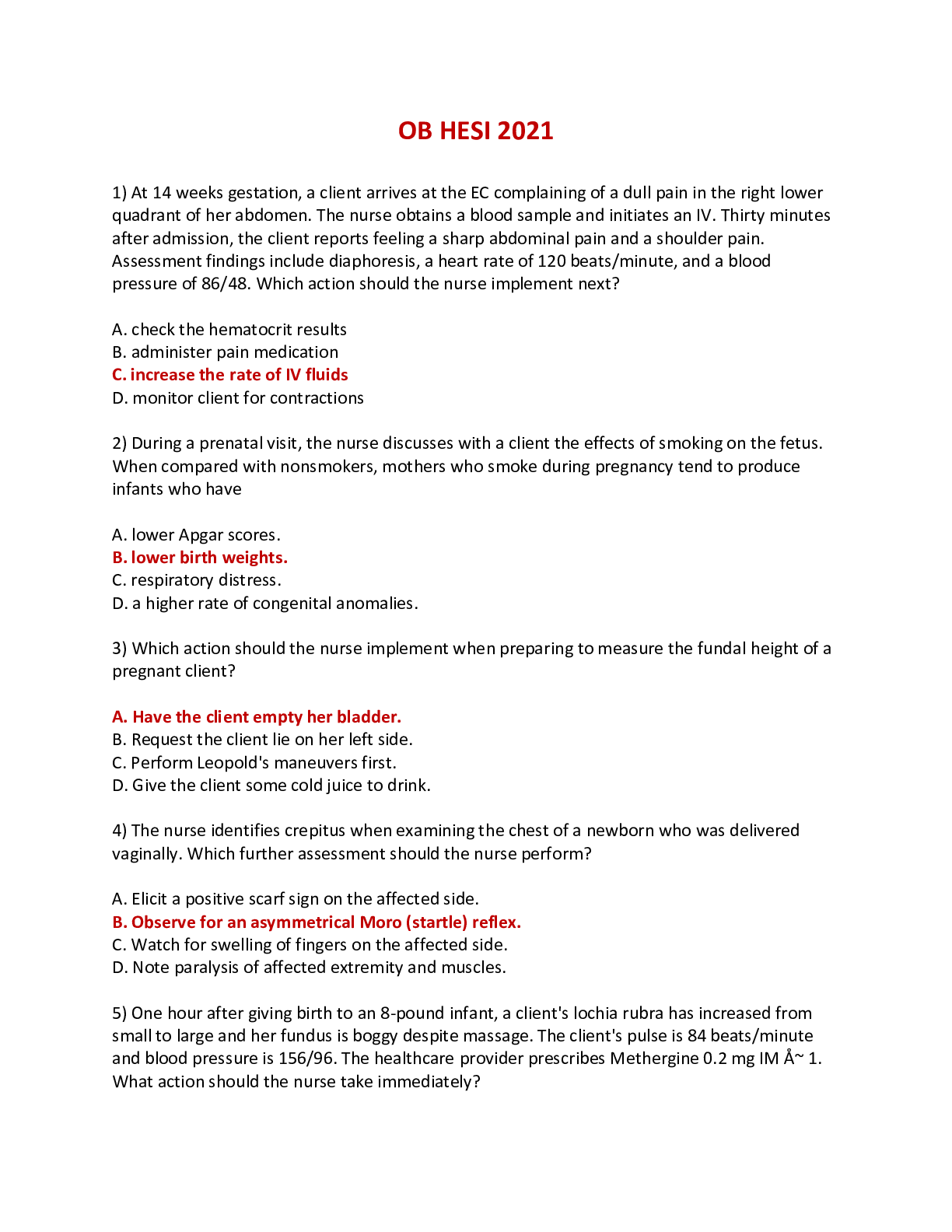 OB HESI 2021 - 110 QUESTIONS AND CORRECT ANSWERS - Scholarfriends