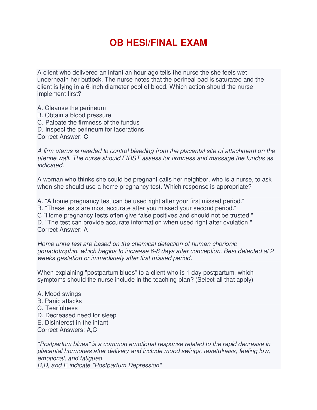 OB HESI/FINAL EXAM 2022 -QUESTIONS, ANSWERS AND RATIONALES - Scholarfriends