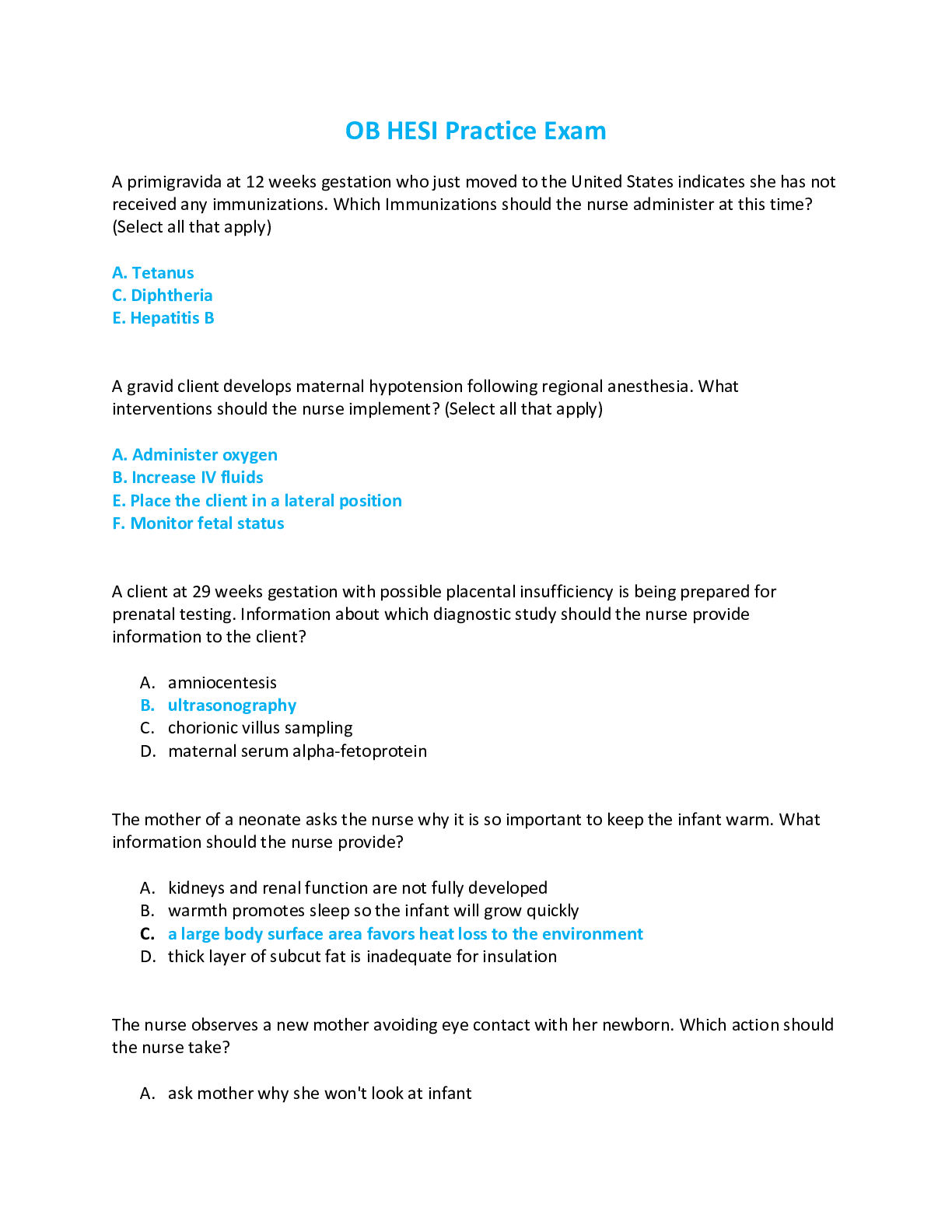 OB HESI Practice Exam (Questions & Answers) - Scholarfriends