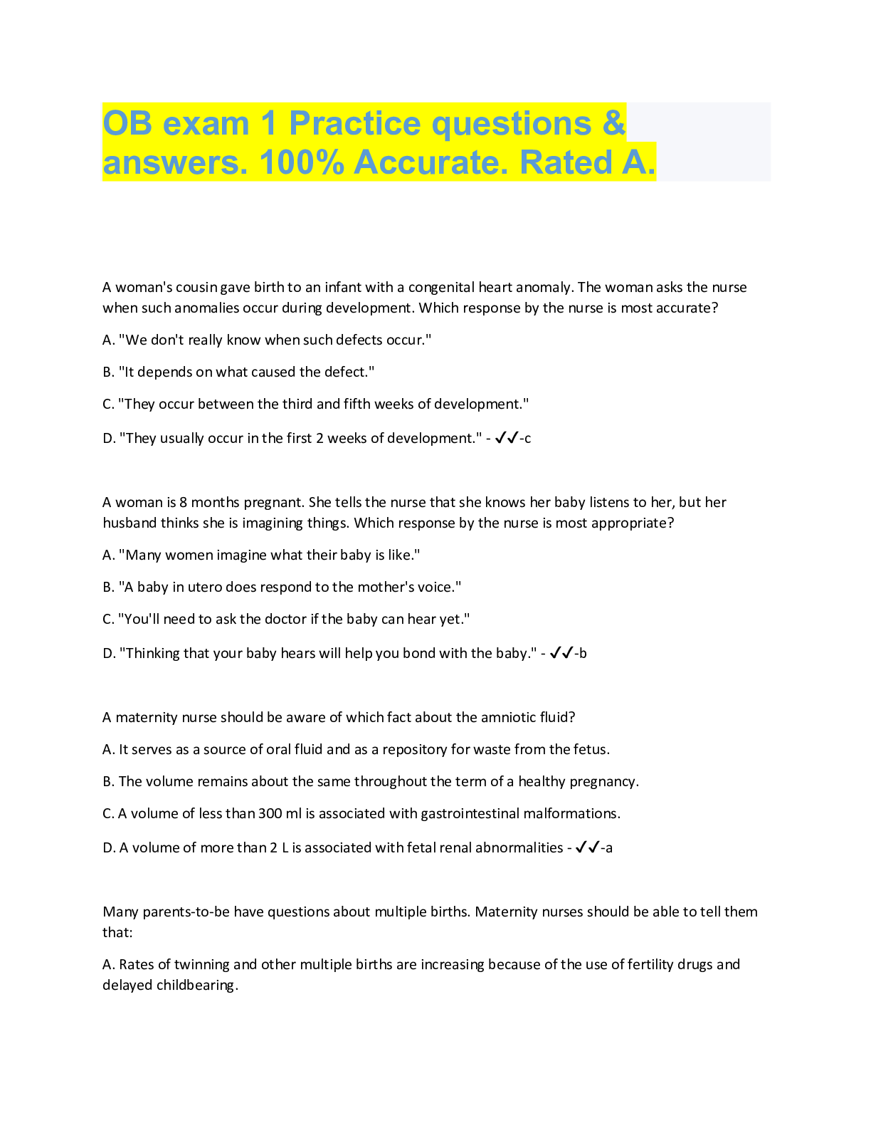 OB exam 1 Practice questions with correct answers - Scholarfriends