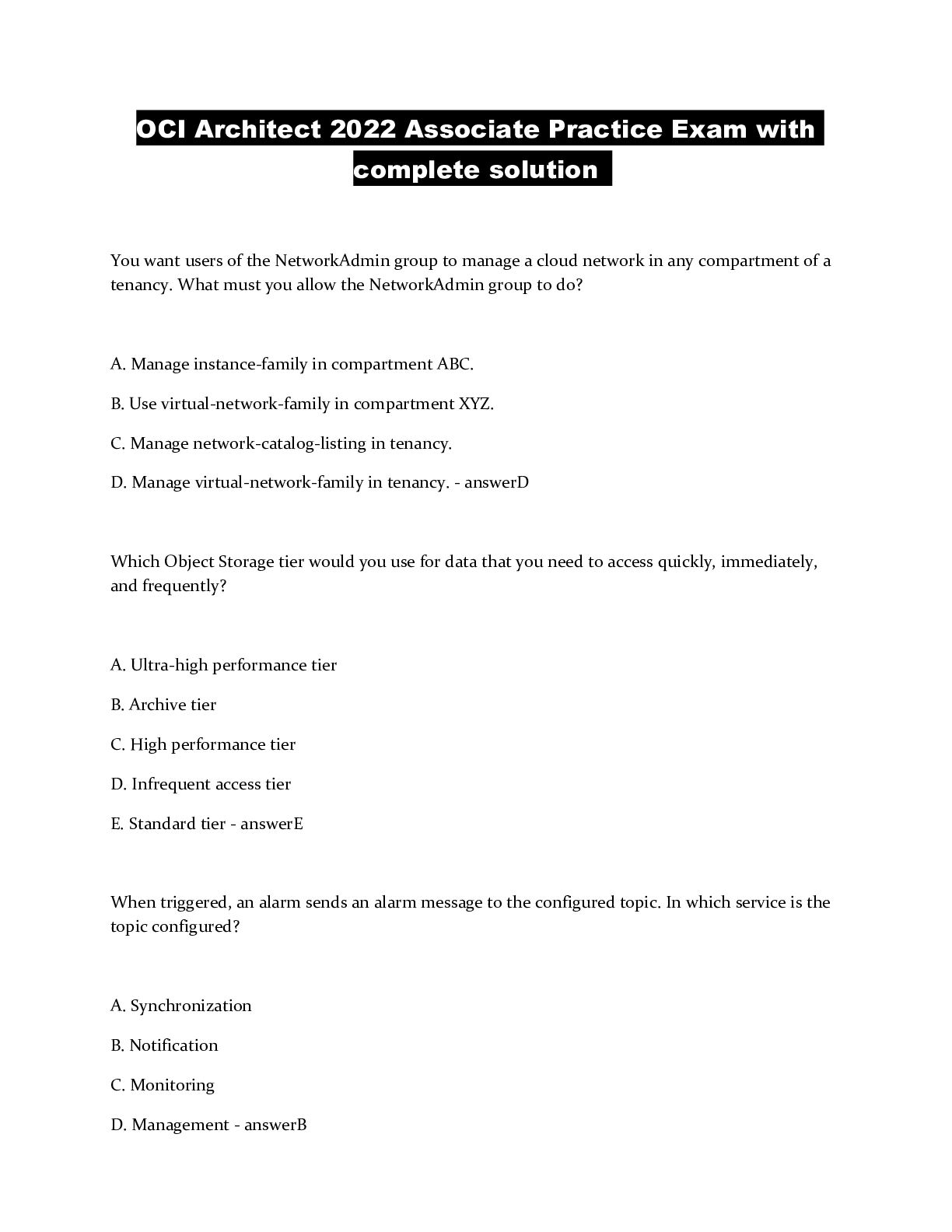 OCI Architect 2022 Associate Practice Exam with complete solution ...