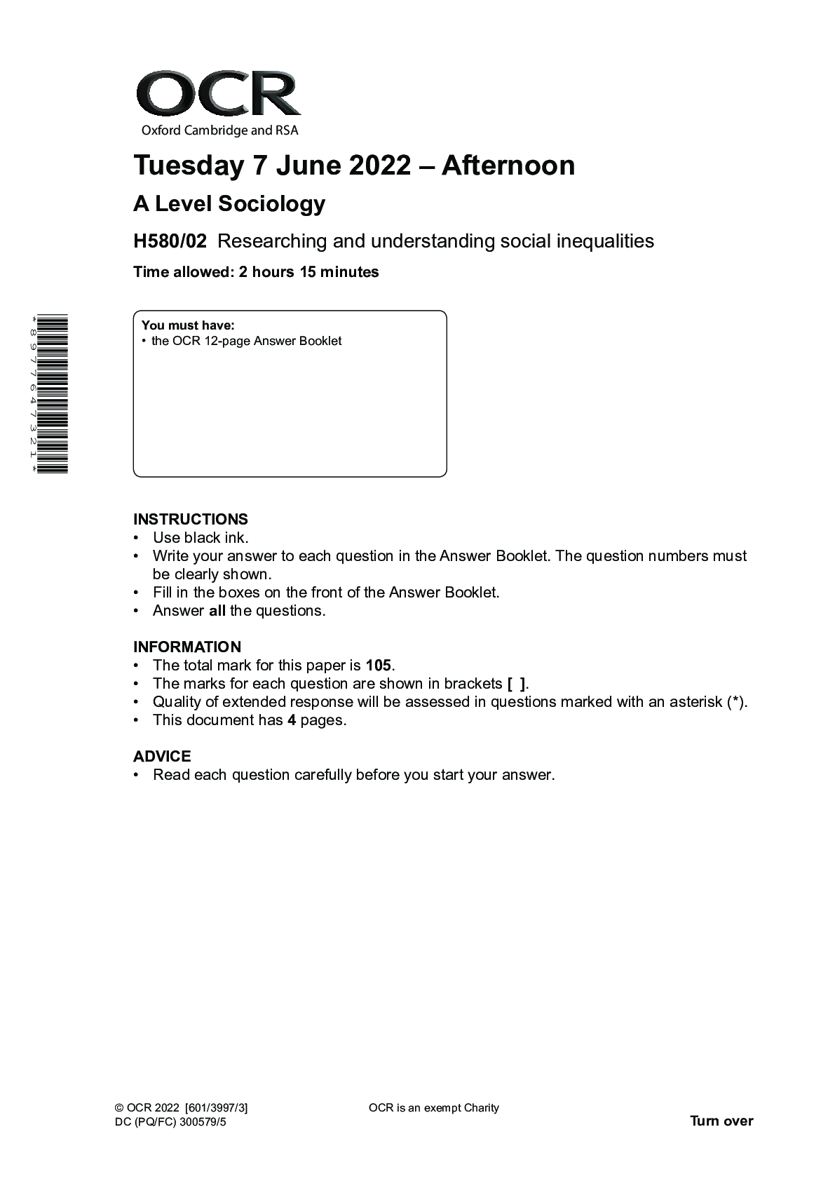 OCR A LEVEL Sociology Paper 2 H580-02 Researching and Understanding ...