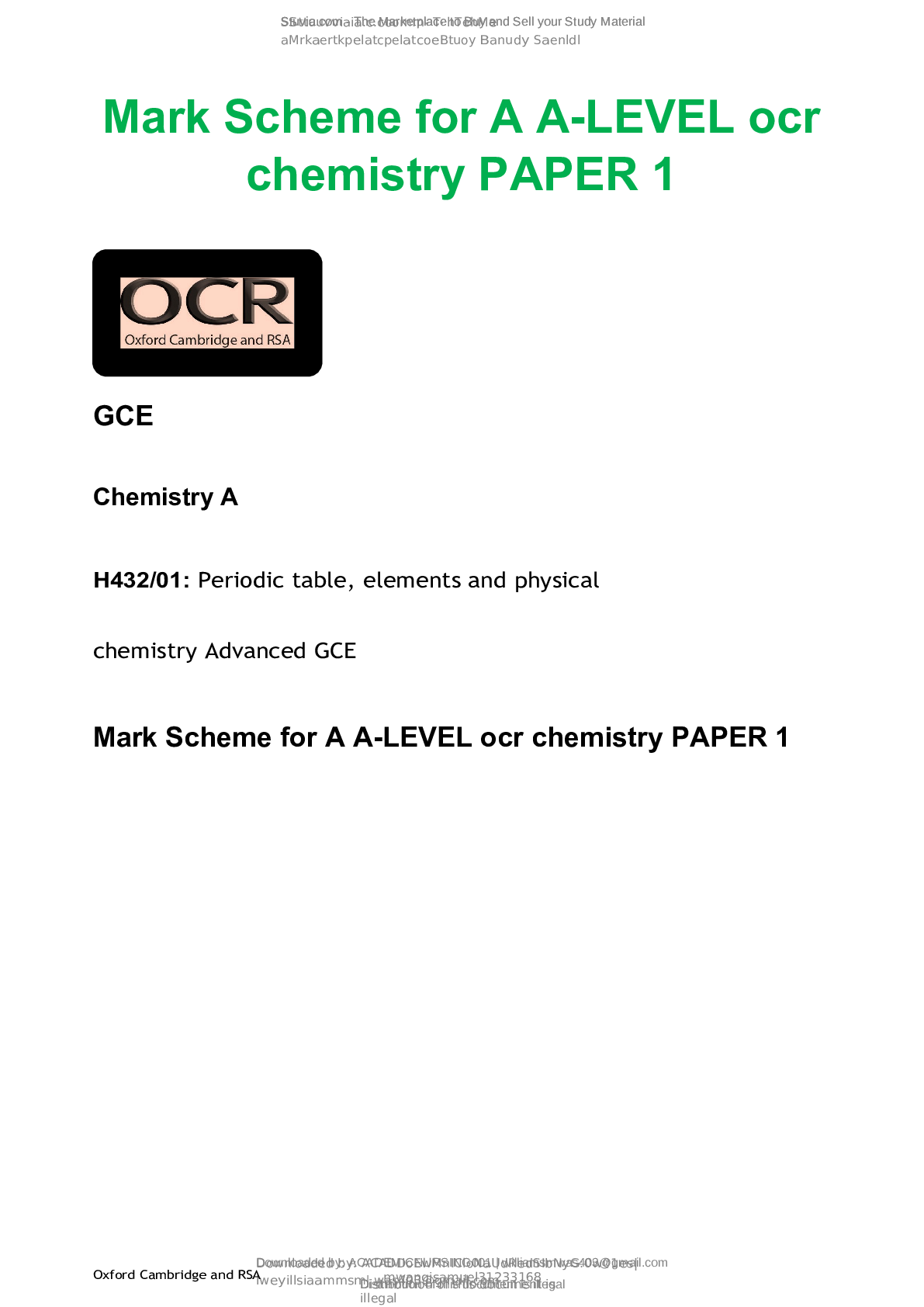 OCR A LEVEL Chemistry A H432 PAPER 1 JUNE 2022 MARKSCHEME - Scholarfriends