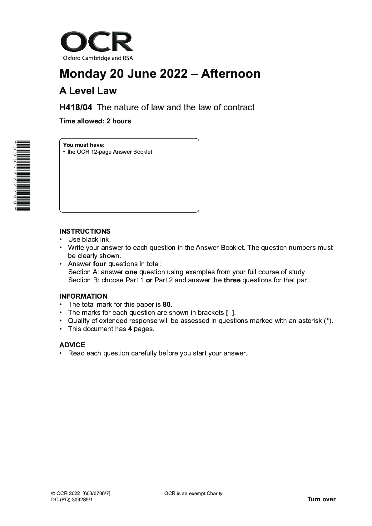 OCR 2024 GCE Law H418/02: Law making and the law of tort A Level ...