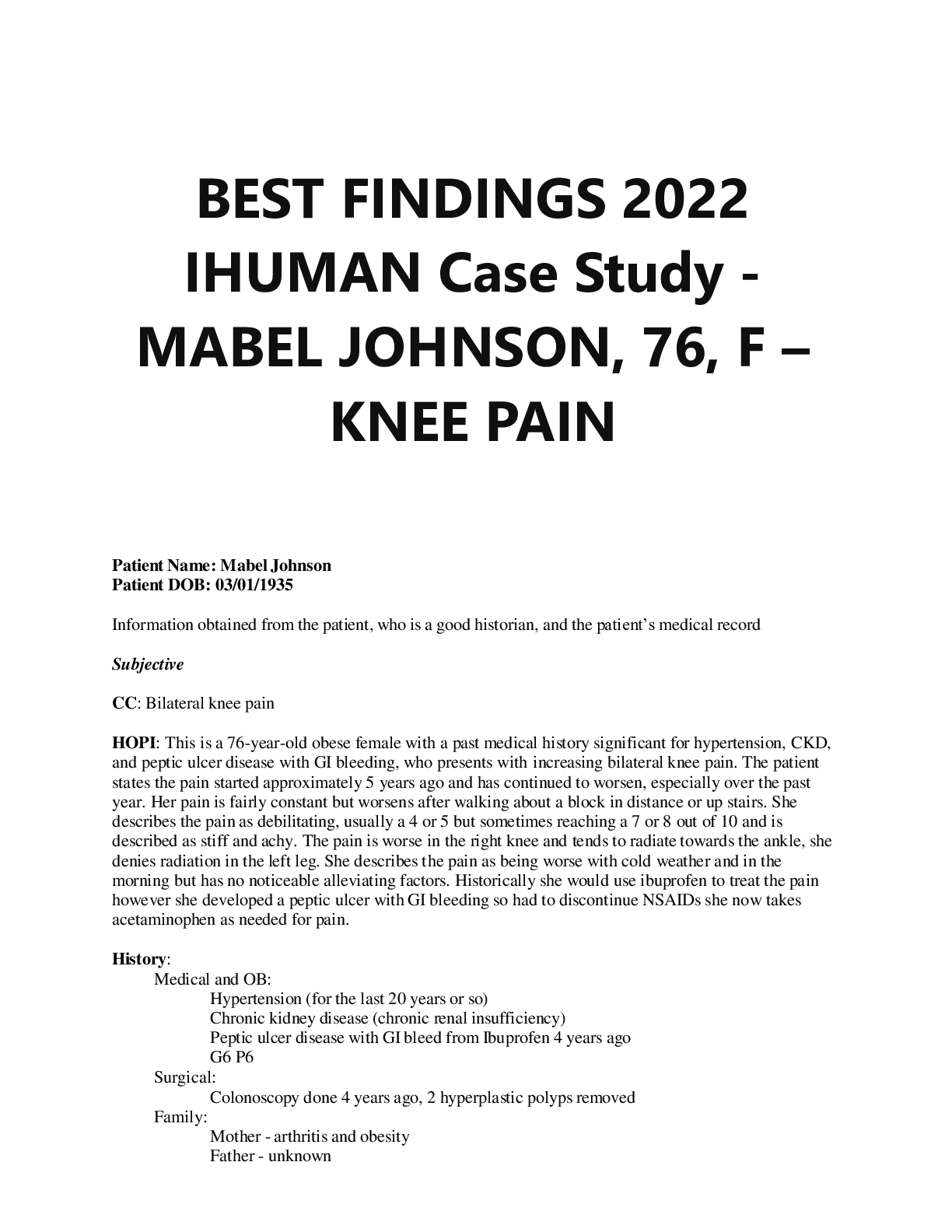 BEST FINDINGS 2022 IHUMAN Case Study - MABEL JOHNSON, 76, F – KNEE PAIN ...
