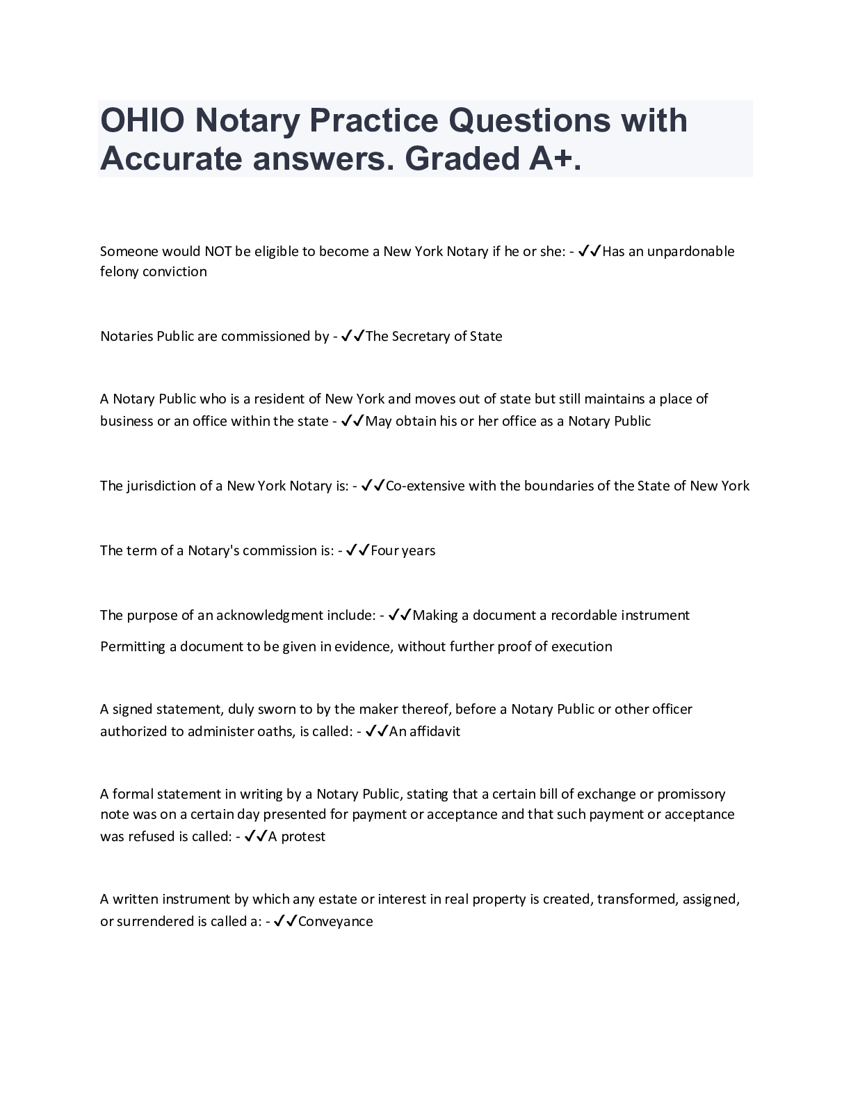OHIO Notary Practice Questions with Accurate answers. Graded A+ ...
