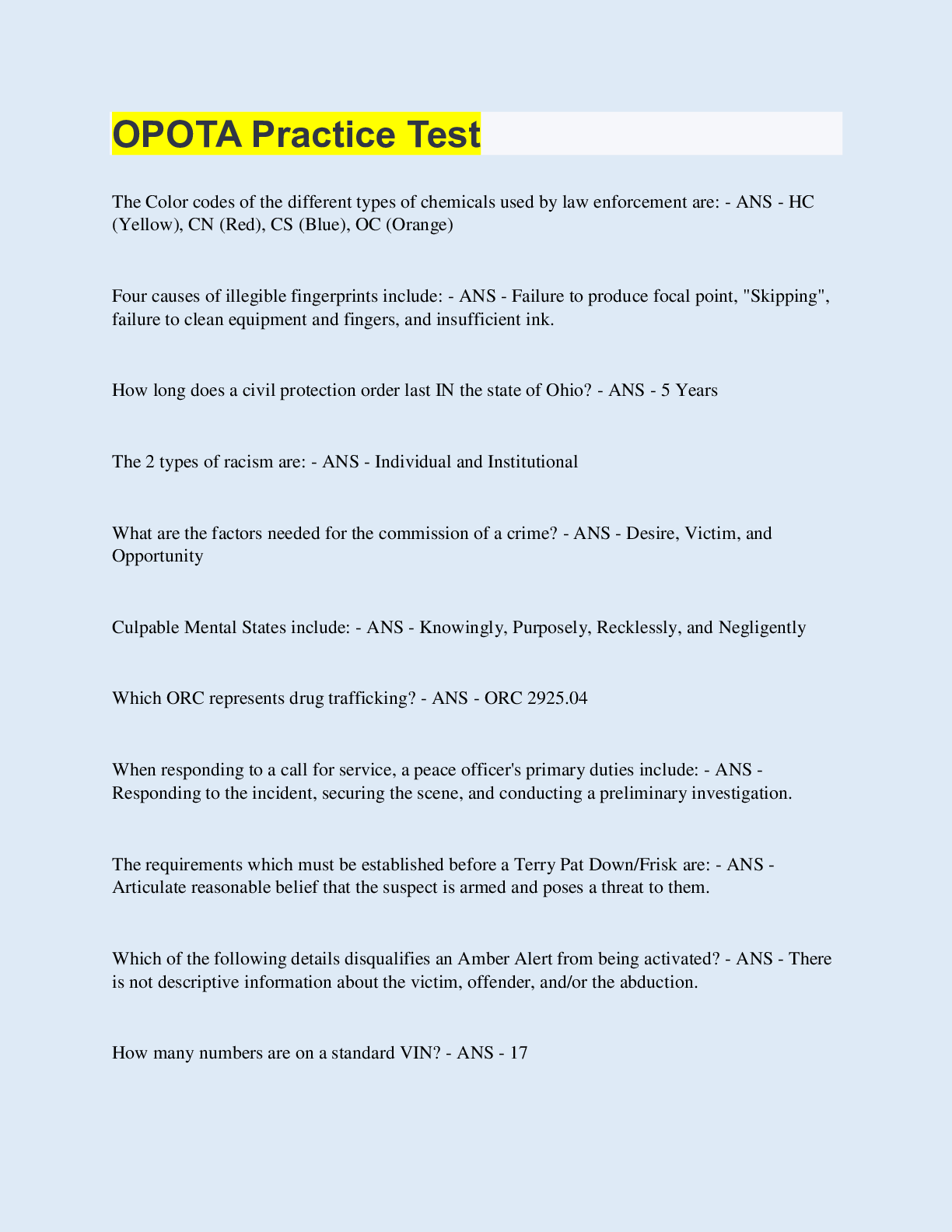 OPOTA Practice Test | 63 Questions with 100% Correct Answers ...