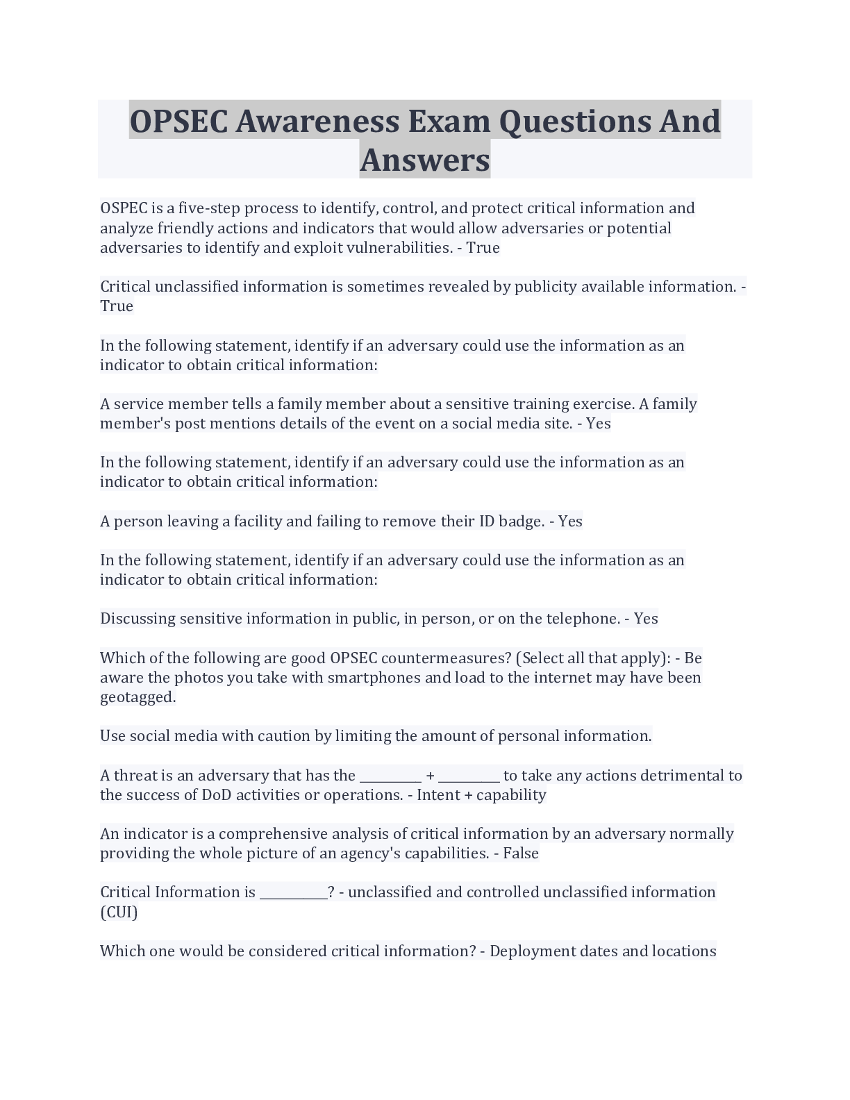 OPSEC Awareness Exam Questions And Answers - Scholarfriends