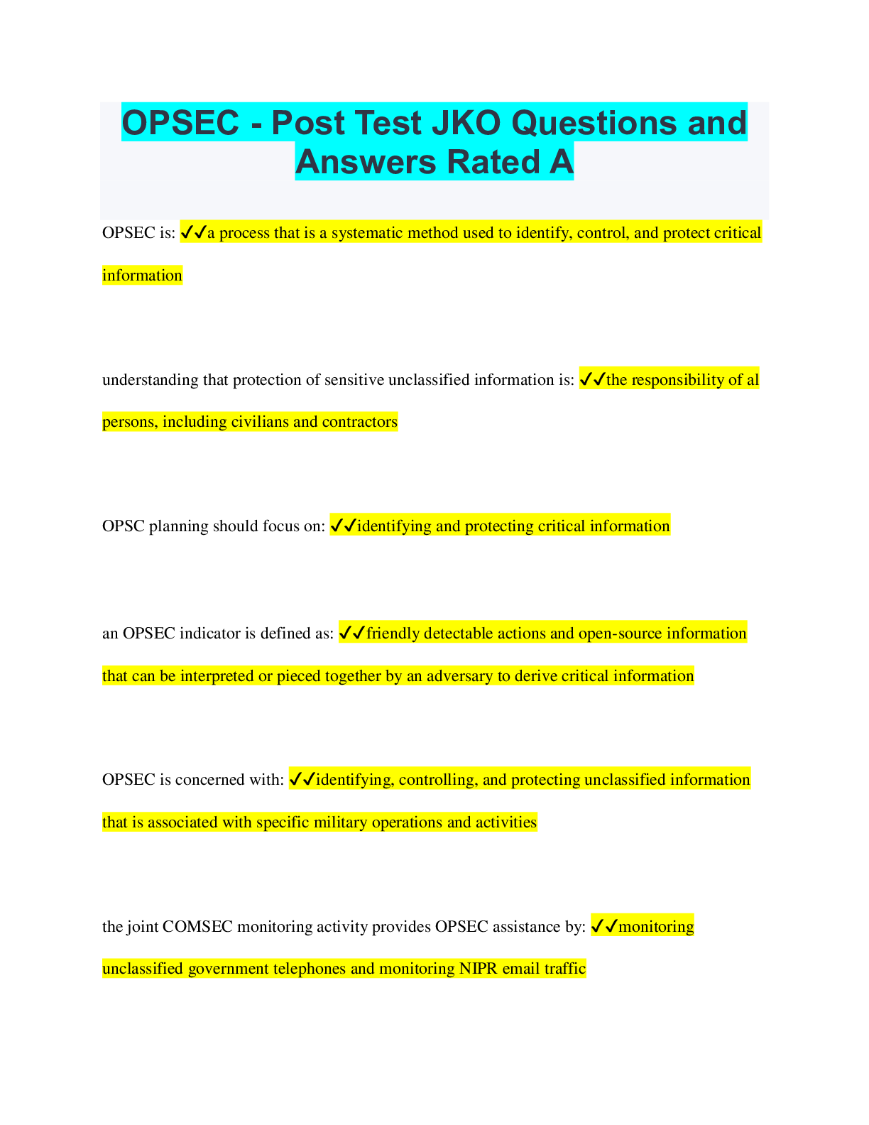 OPSEC - Post Test JKO Questions and Answers Rated A – Scholarfriends ...