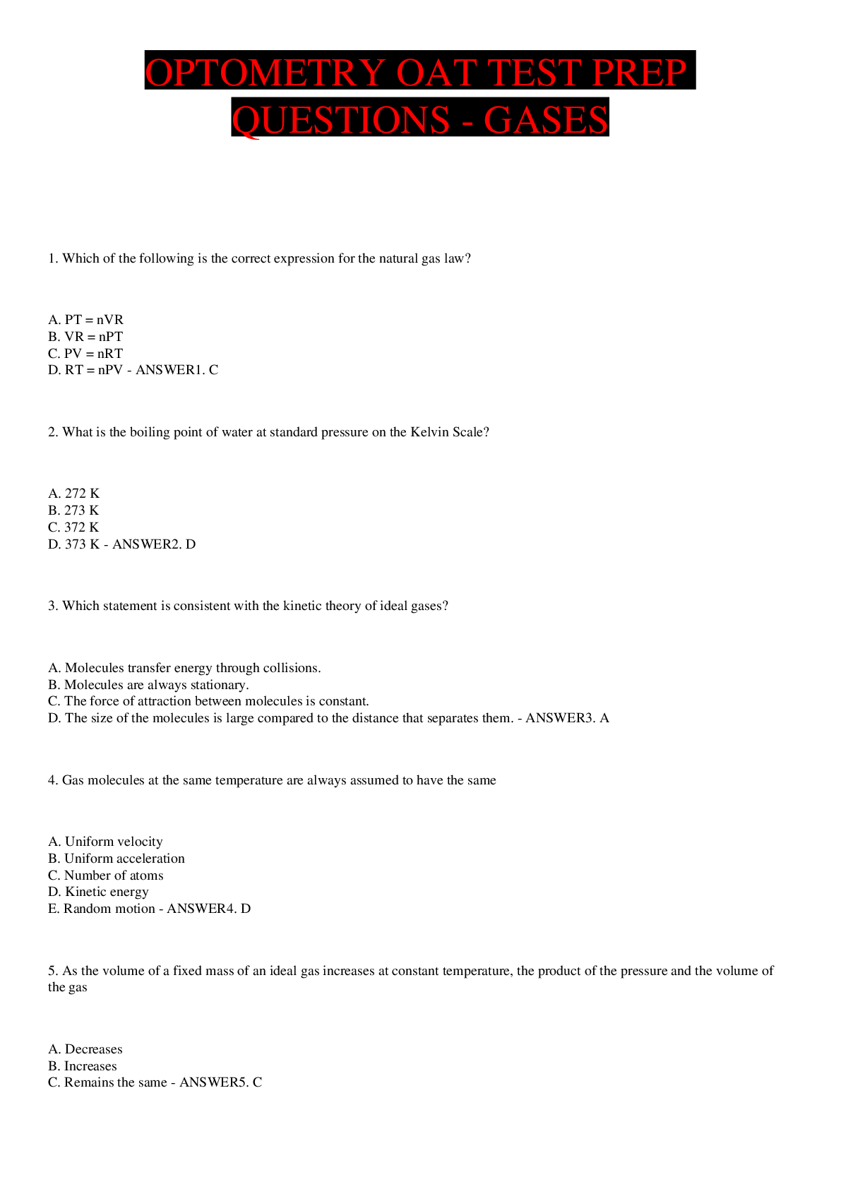 Optometry OAT Test Prep Questions - Gases 2022 - Scholarfriends