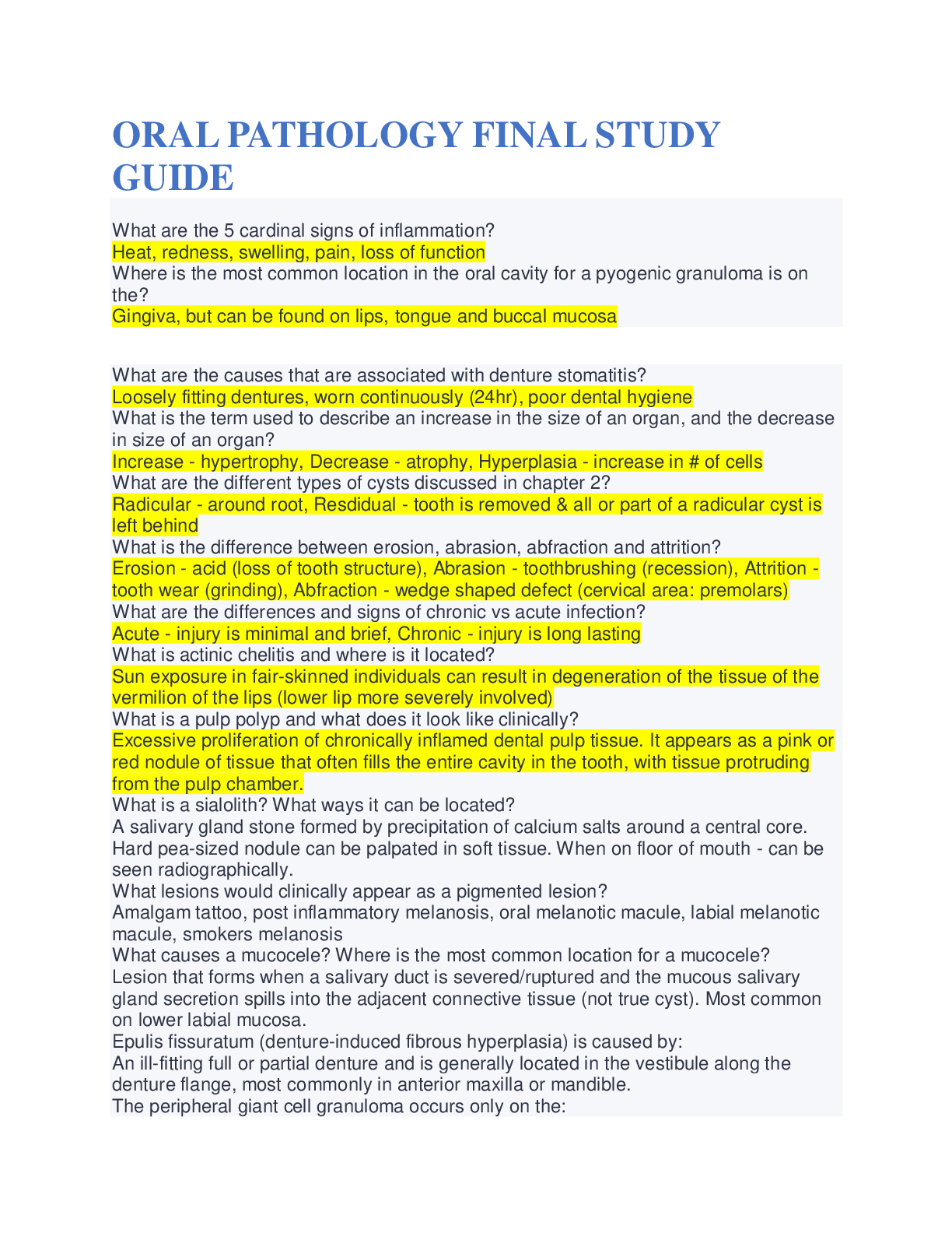 ORAL PATHOLOGY FINAL STUDY GUIDE 2022/2023 - Scholarfriends