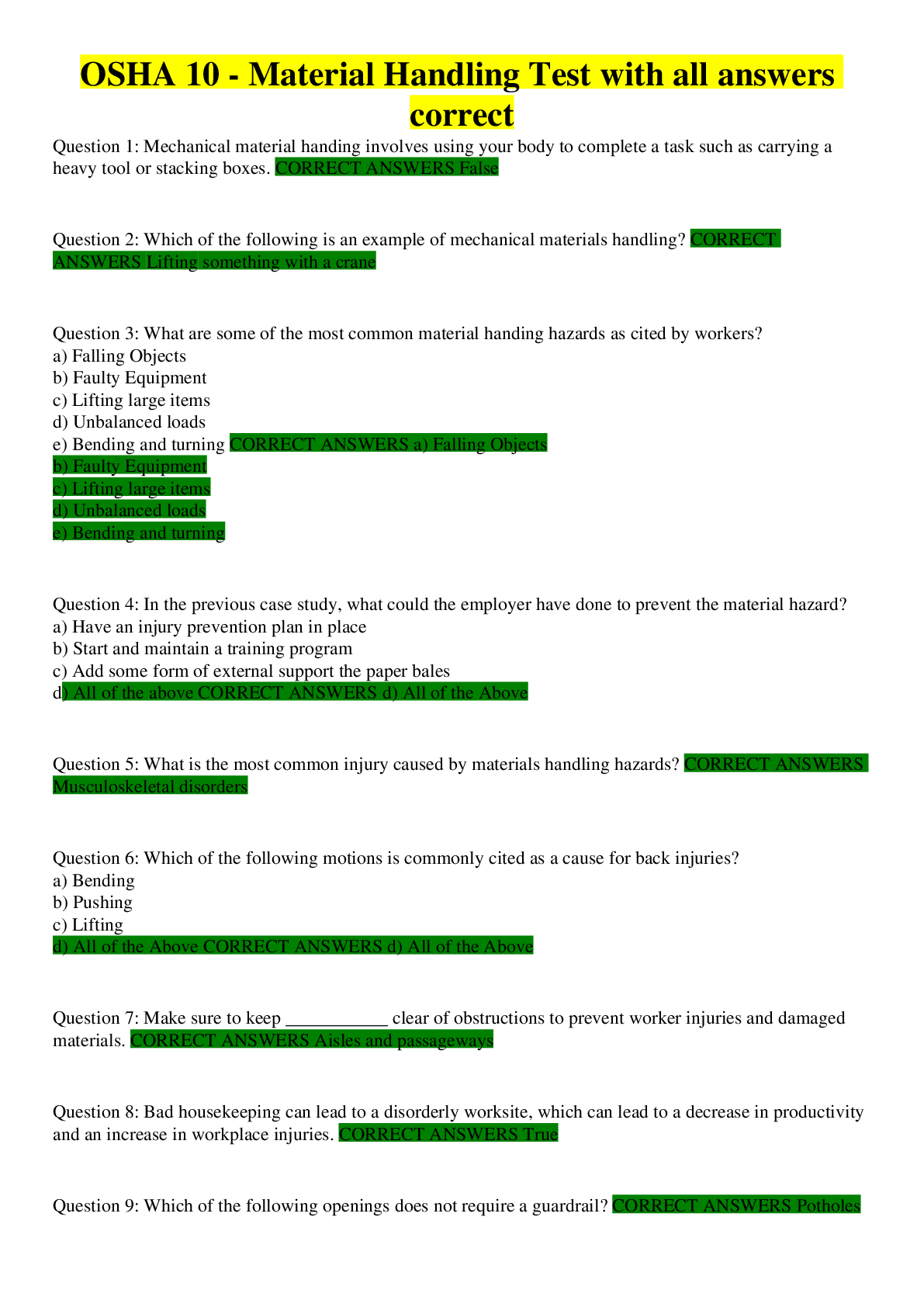 OSHA 10 - Material Handling Test with all answers correct - Scholarfriends