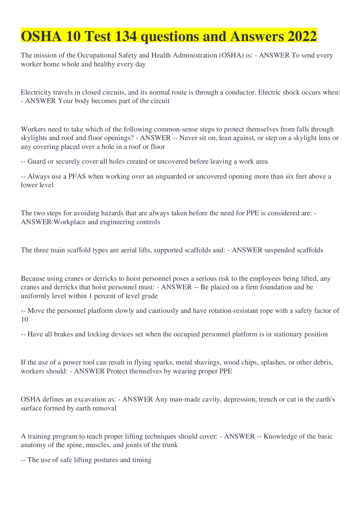 OSHA 10 Test 134 questions and Answers 2022 - Scholarfriends