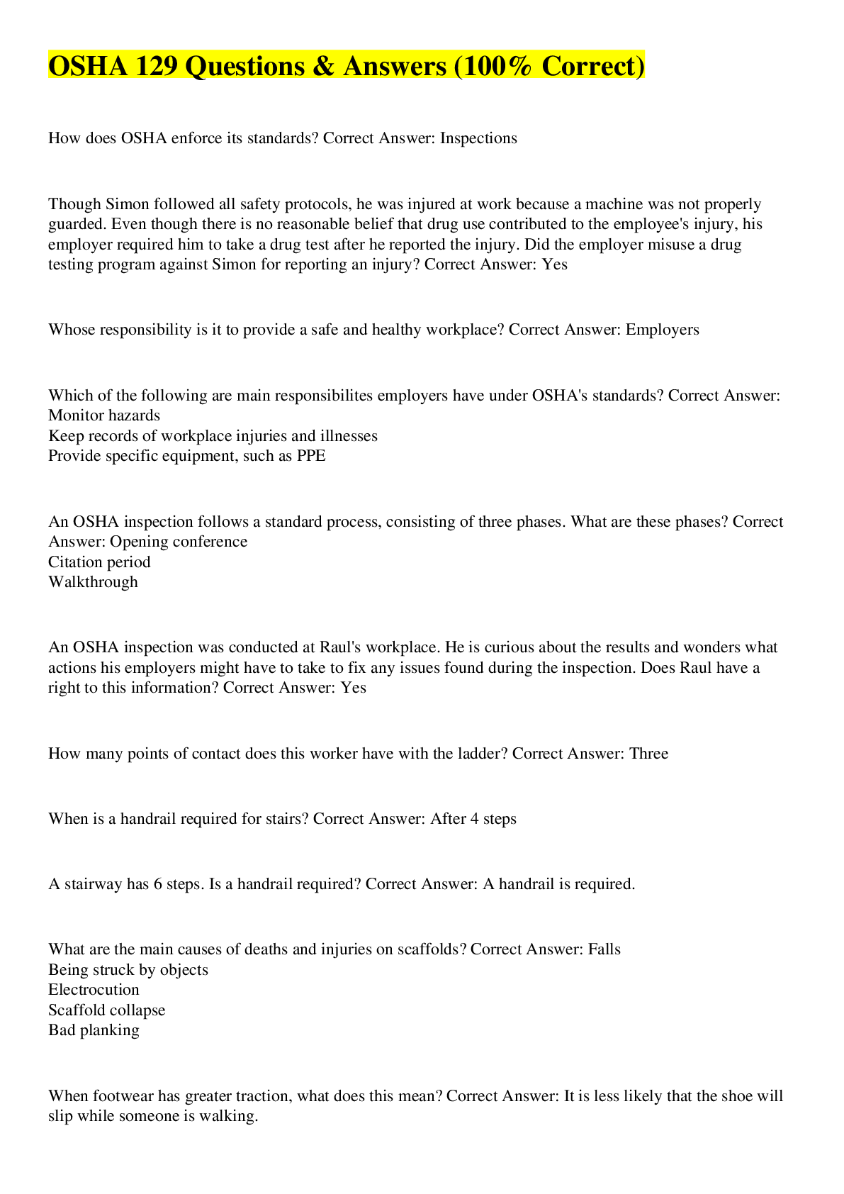 OSHA 129 Questions & Answers (100% Correct) - Scholarfriends