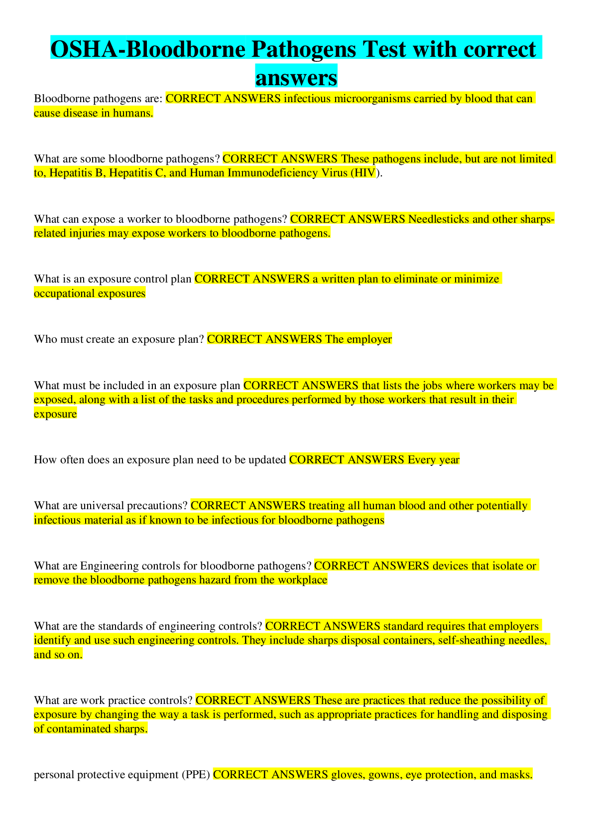 OSHA-Bloodborne Pathogens Test with correct answers - Scholarfriends