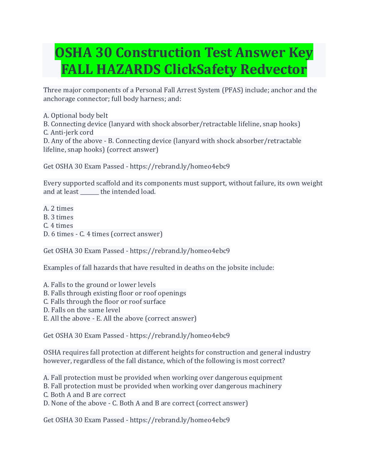OSHA 30 Construction Test Answer Key FALL HAZARDS ClickSafety Redvector ...