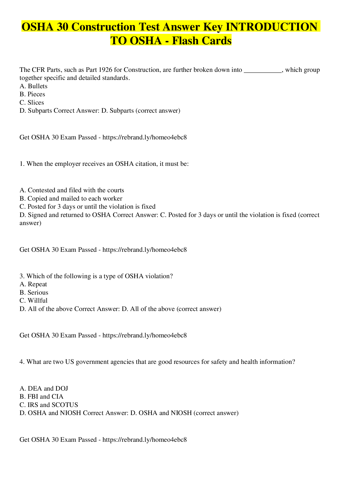 OSHA 30 Construction Test Answer Key INTRODUCTION TO OSHA - Flash Cards ...