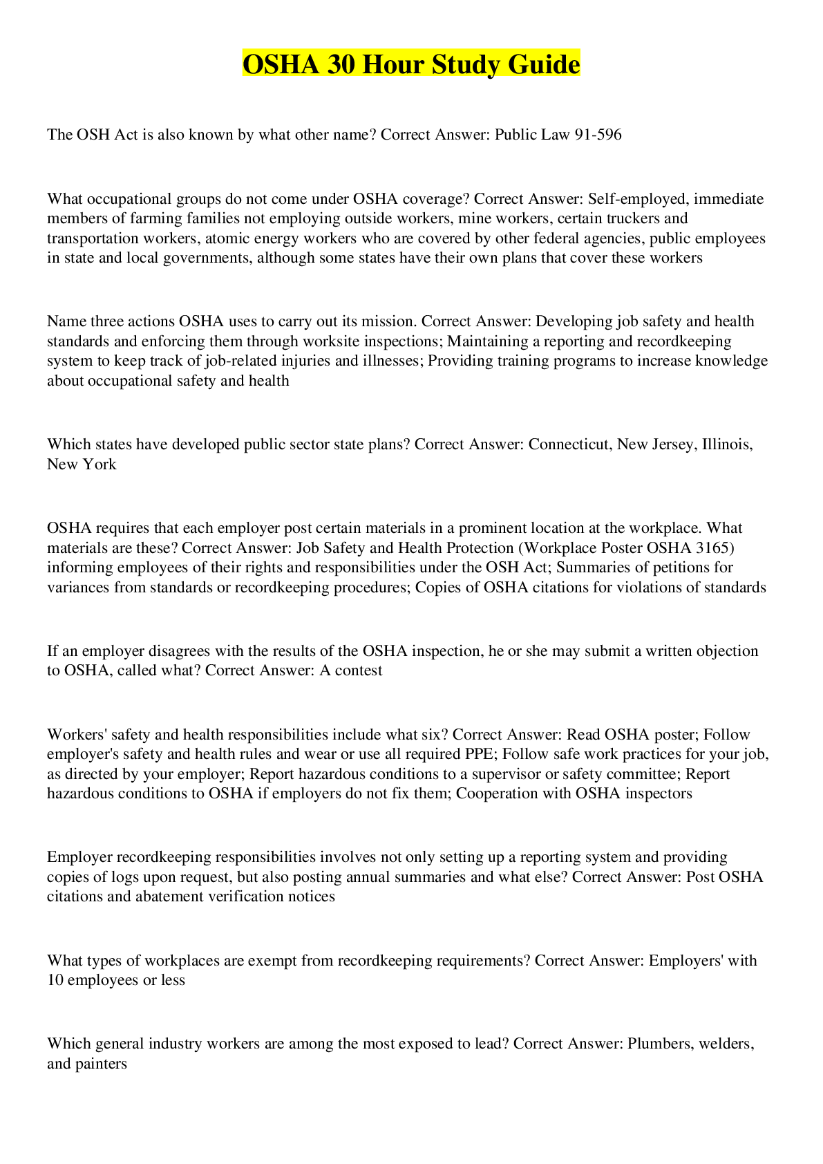 OSHA 30 Hour Study Guide questions with complete solutions - Scholarfriends