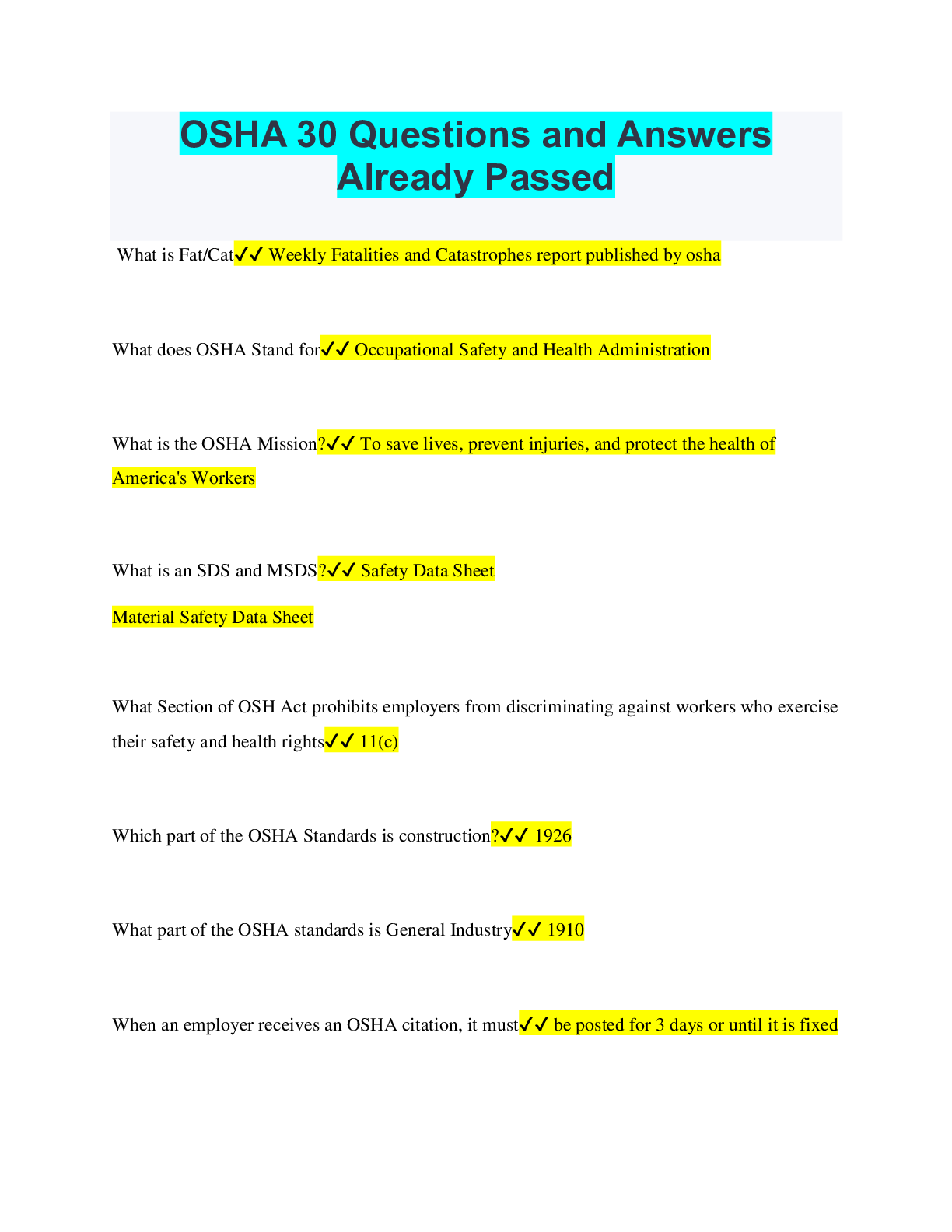 OSHA BUNDLED EXAMS QUESTIONS AND ANSWERS WITH COMPLETE SOLUTIONS ...