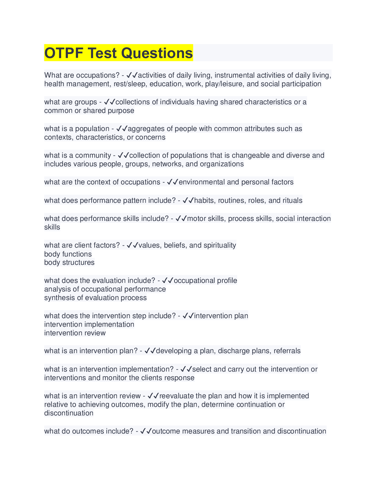 OTPF Test Questions | 100 Questions | 100% Correct - Scholarfriends