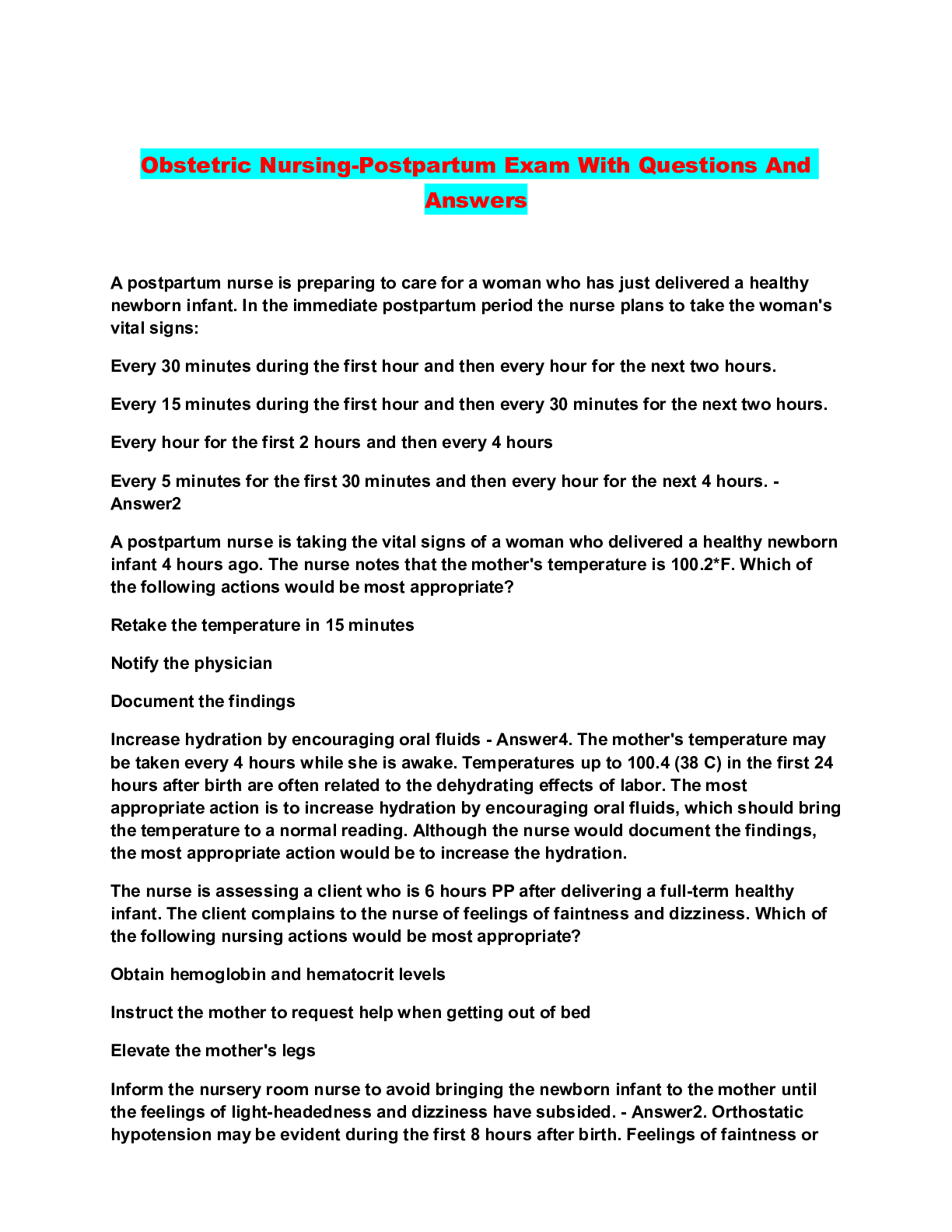 Obstetric Nursing-Postpartum Exam With Questions And Answers ...