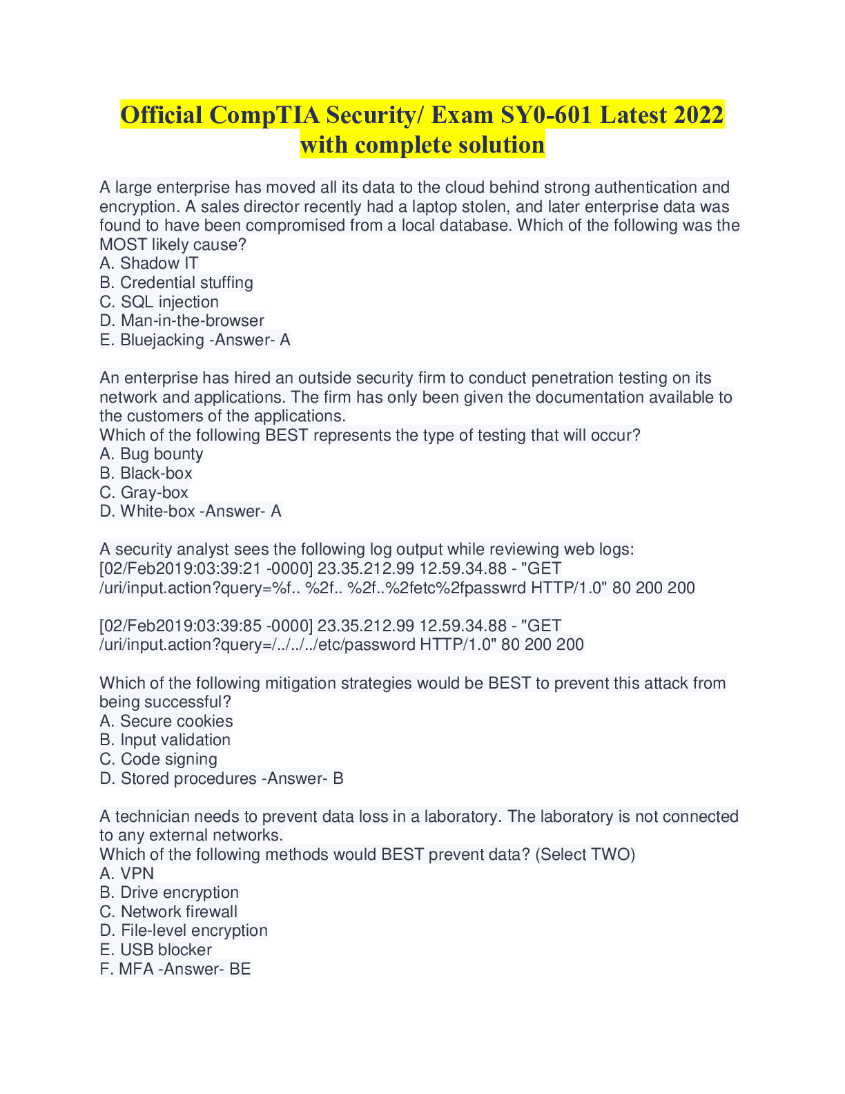 Official CompTIA Security/ Exam SY0-601 Latest 2022 with complete ...