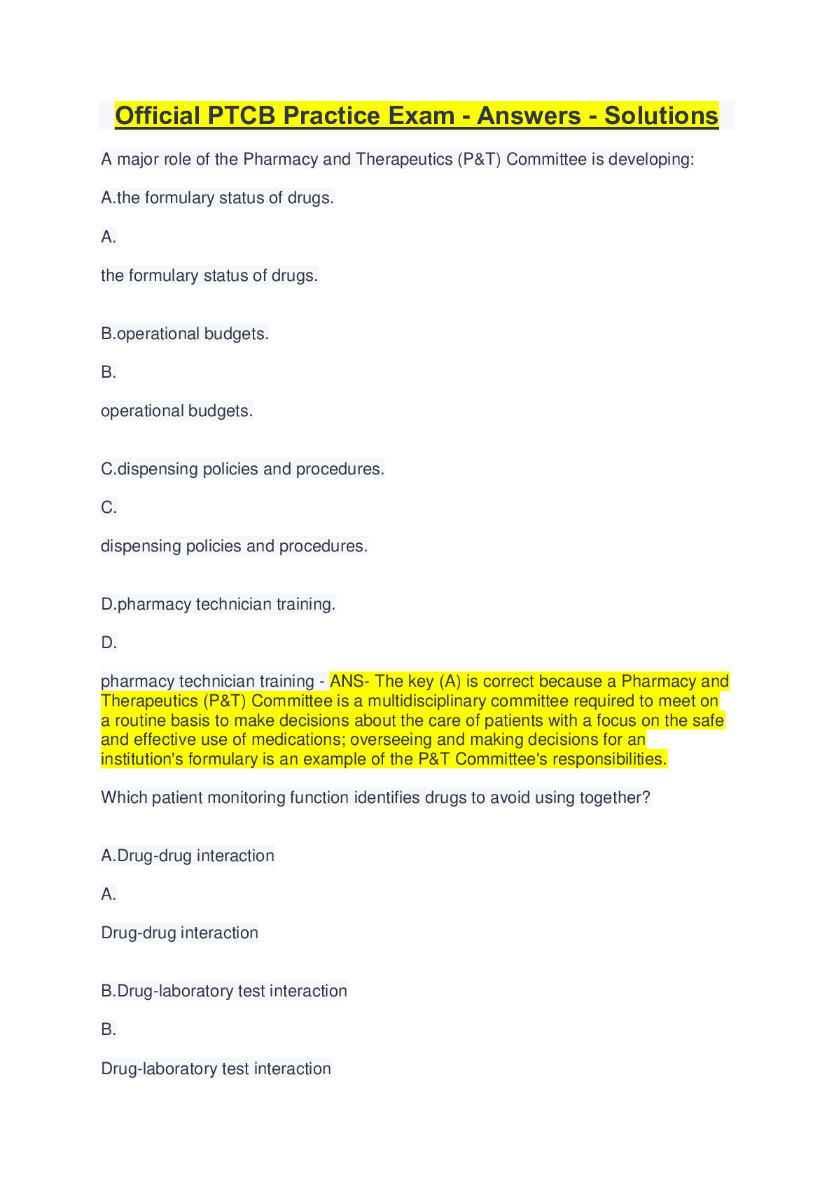Official PTCB Practice Exam - Answers - Solutions - Scholarfriends