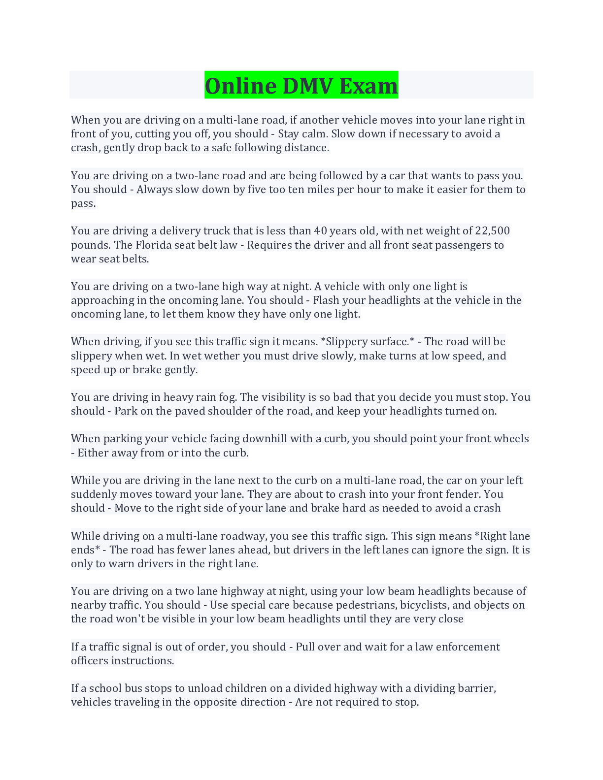 Online DMV Exam With Complete Solution Questions And Answers ...