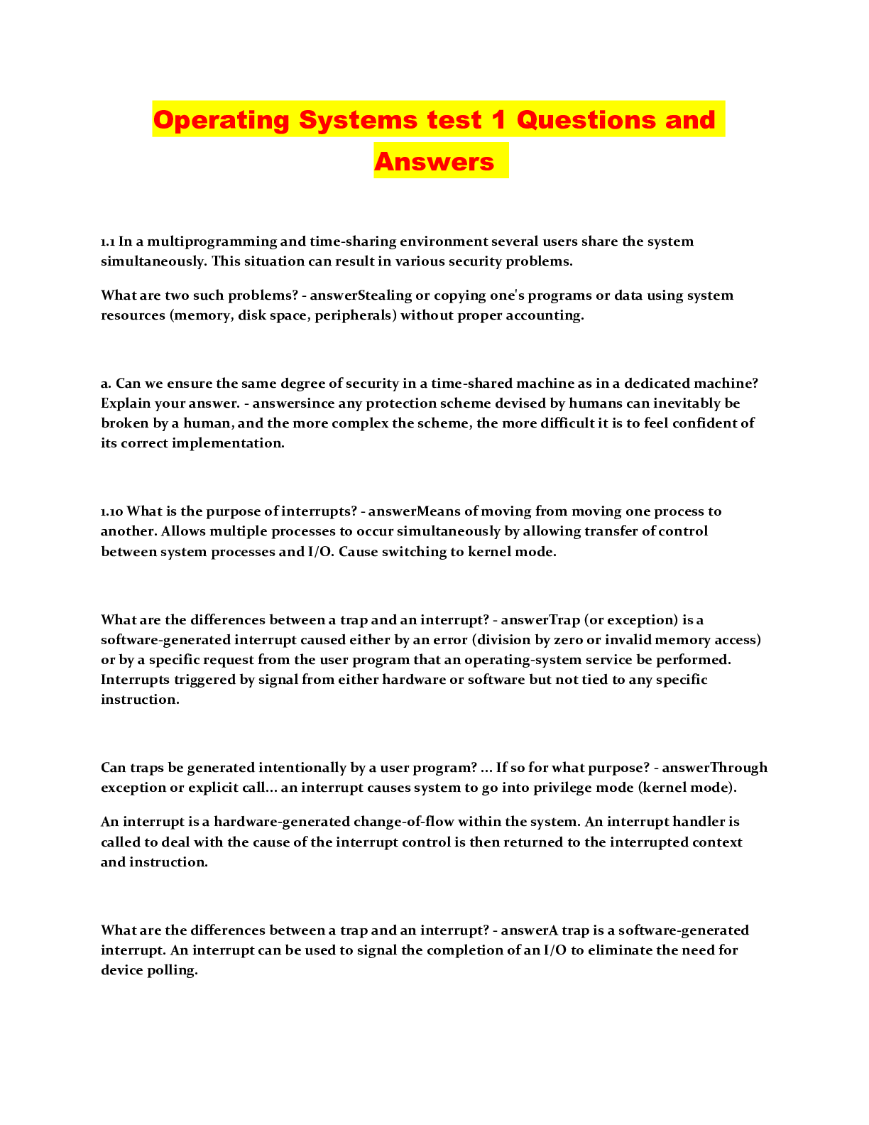 Operating Systems test 1 Questions and Answers - Scholarfriends